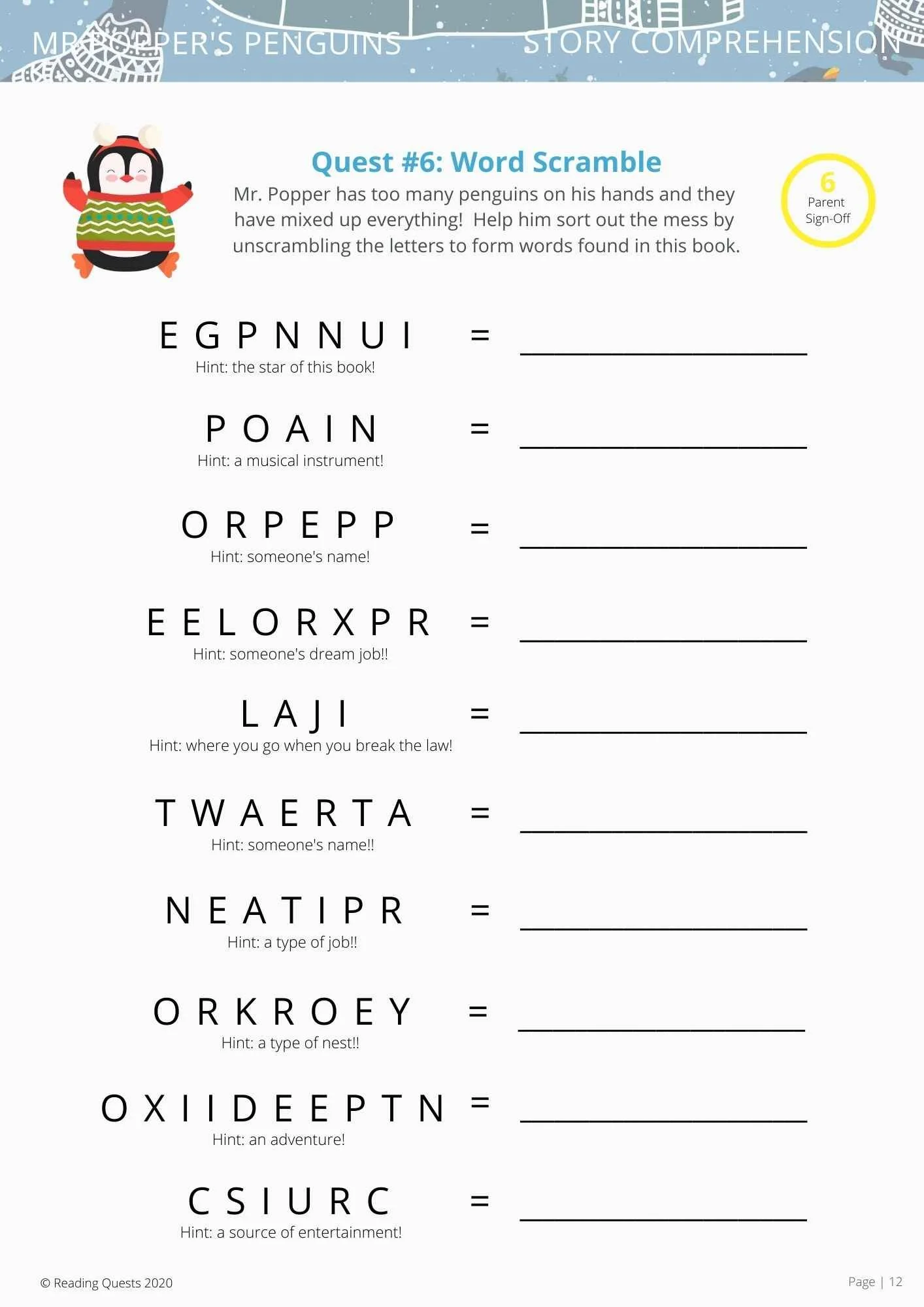 Mr Popper’s Penguins - Free Printables _ Reading Quests