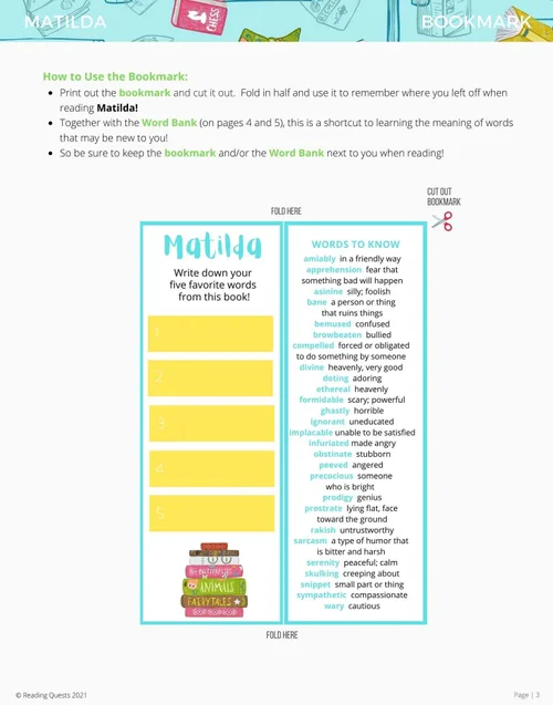 Matilda by Roald Dahl - Free Printables _ Reading Quests