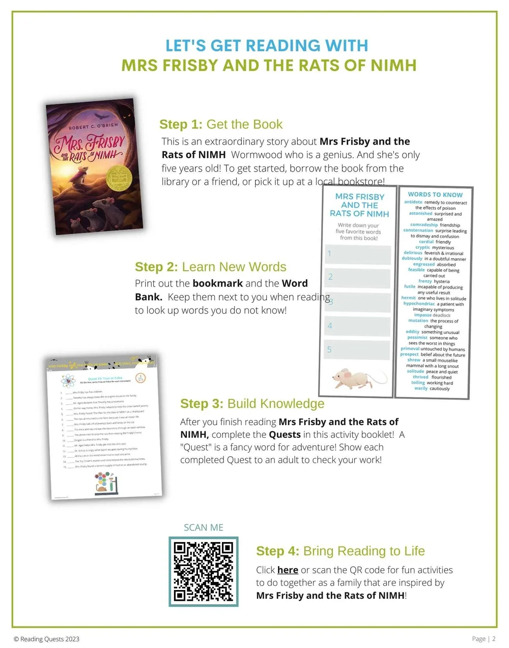 Mrs Frisby and the Rats of NIMH, Free Printables _ Reading Quests