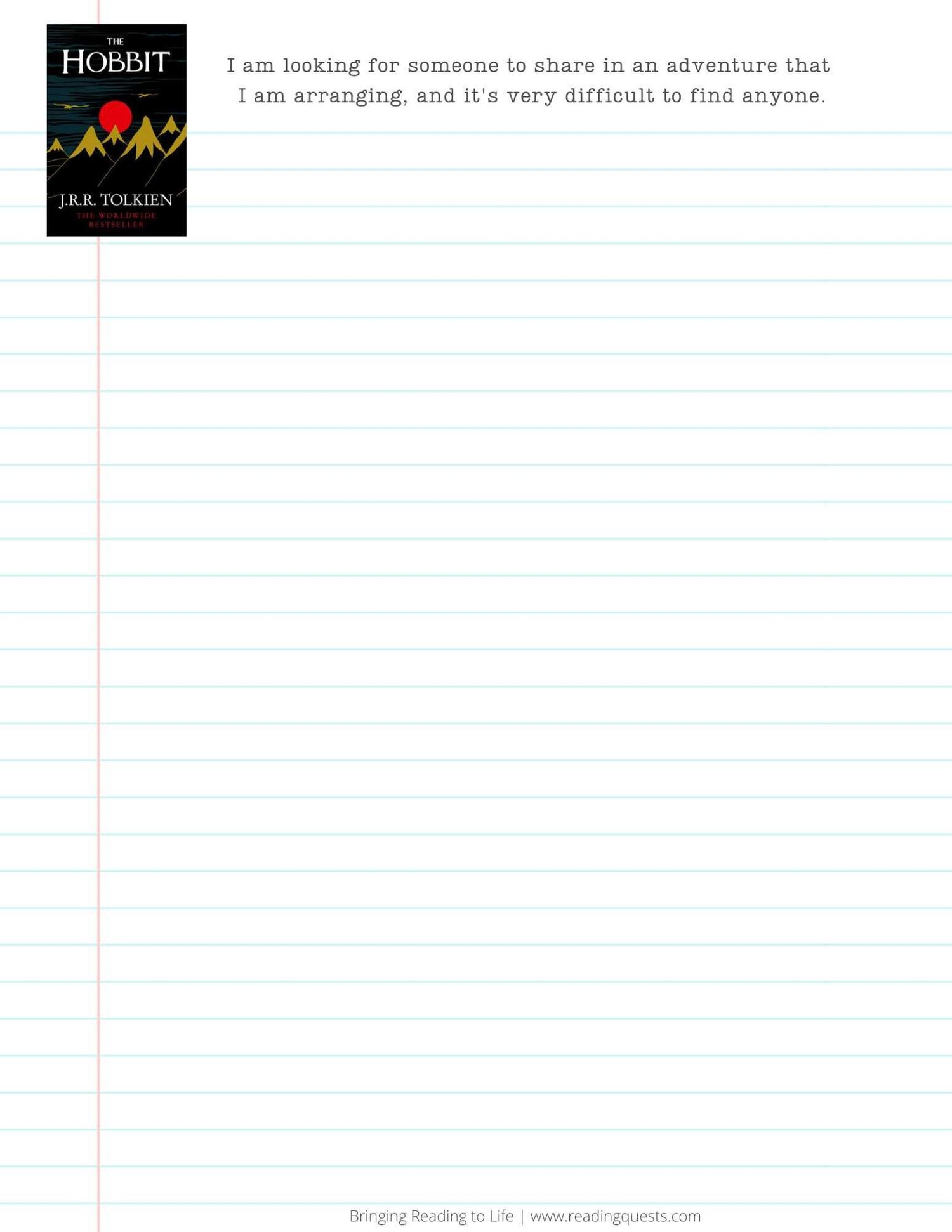 Free Writing Printables for The Hobbit _ Reading Quests