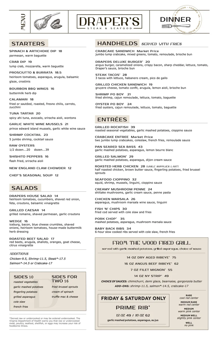 Dinner — Draper's Steak & Seafood Restaurant