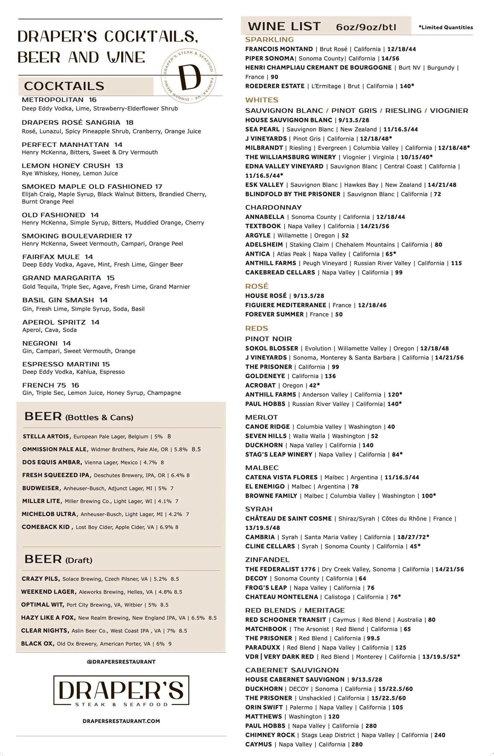 Dinner — Draper's Steak & Seafood Restaurant