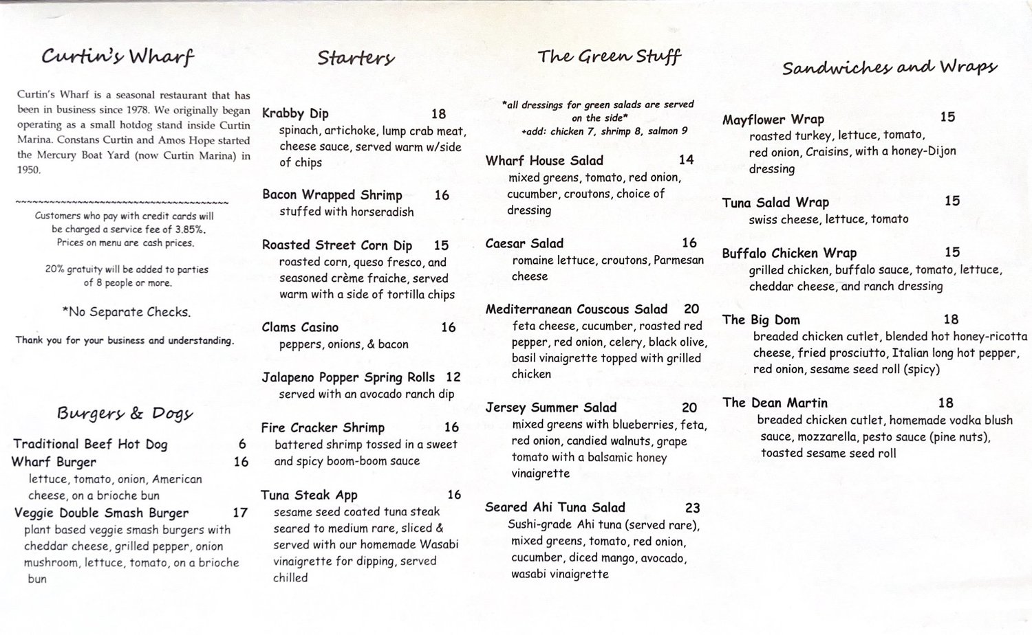 Menu — Curtin's Wharf Restaurant at Curtin Marina