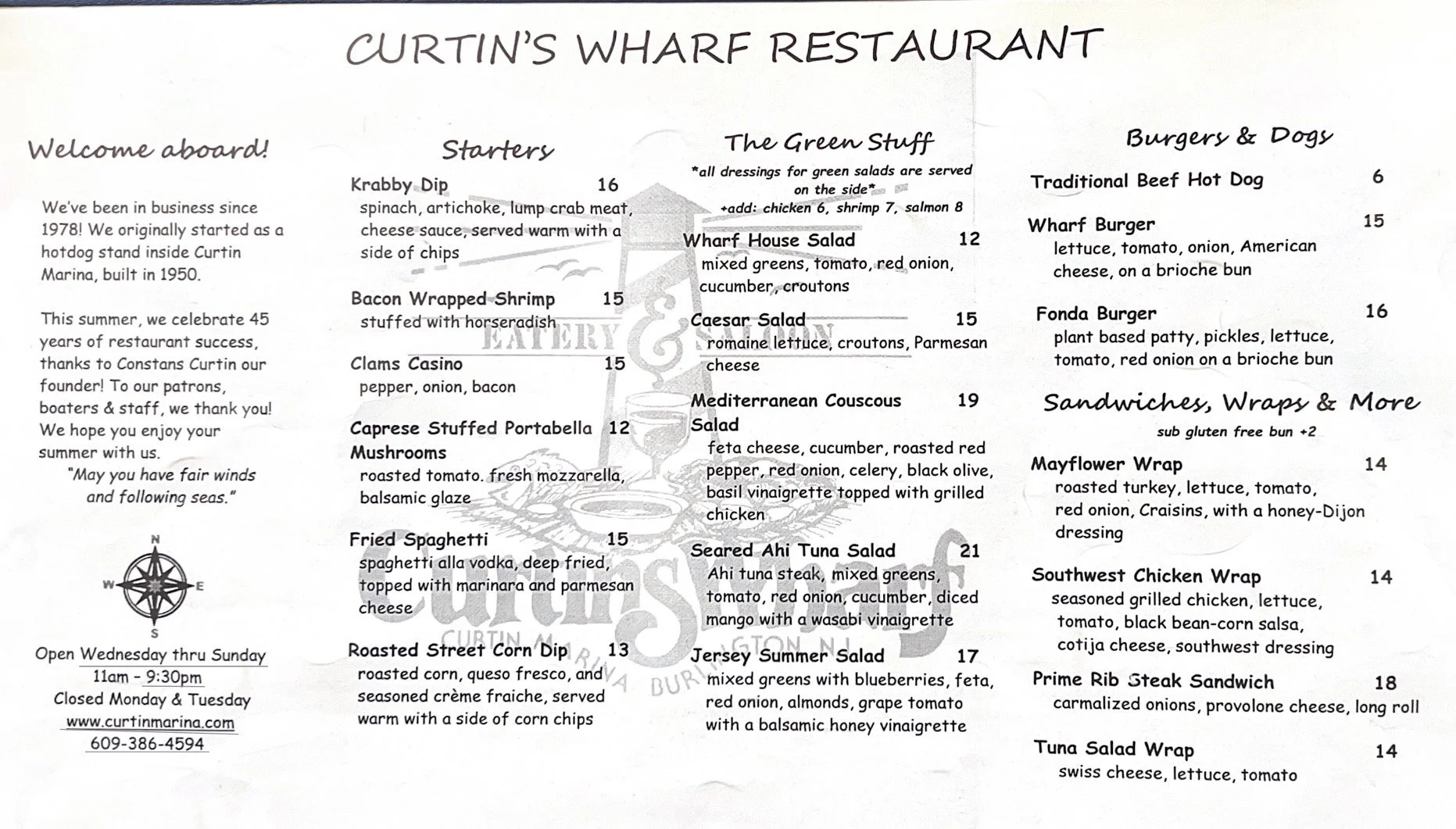 Menu — Curtin's Wharf Restaurant at Curtin Marina