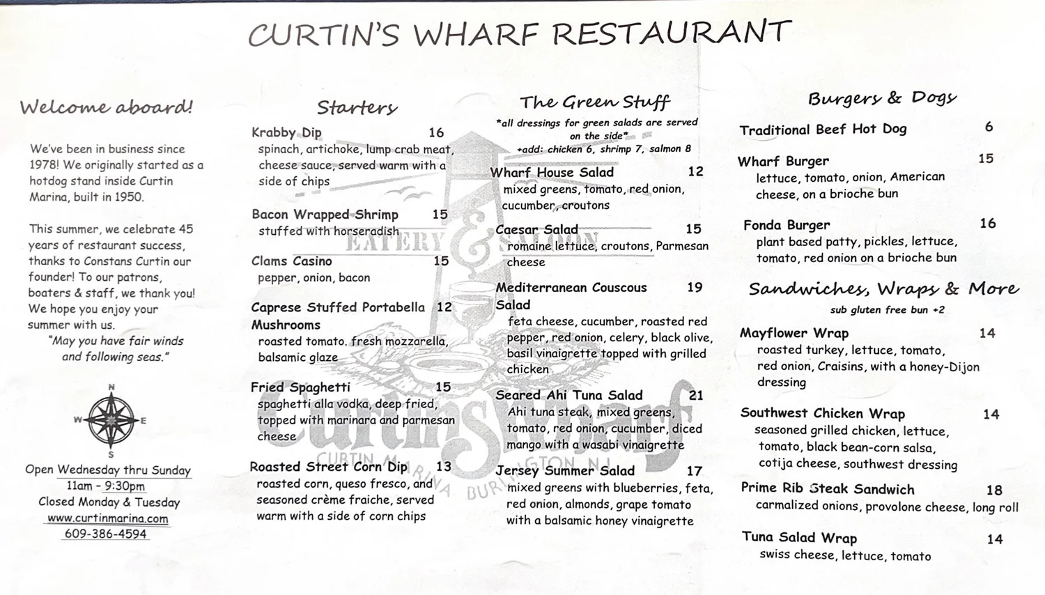 Menu — Curtin's Wharf Restaurant at Curtin Marina