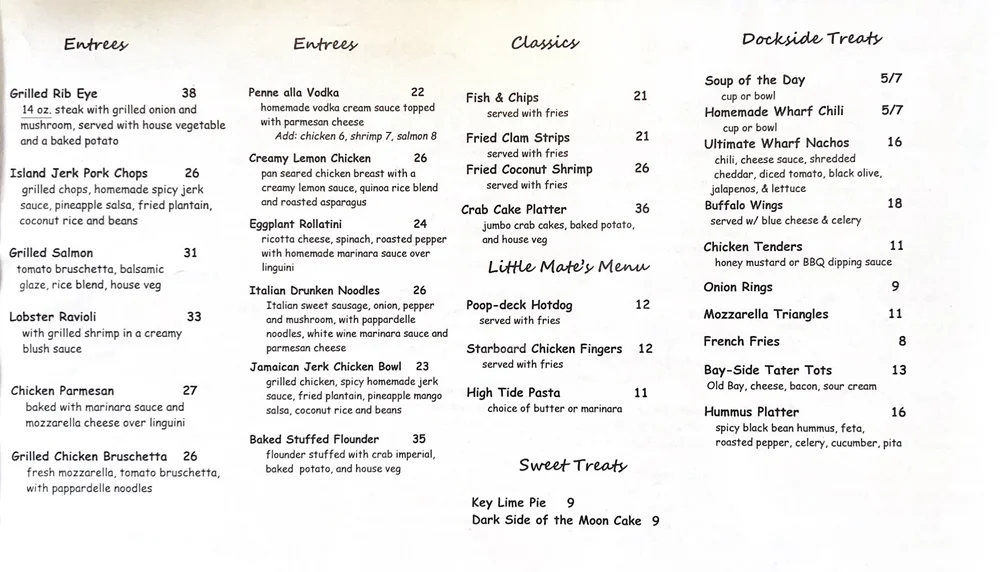 Menu — Curtin's Wharf Restaurant at Curtin Marina