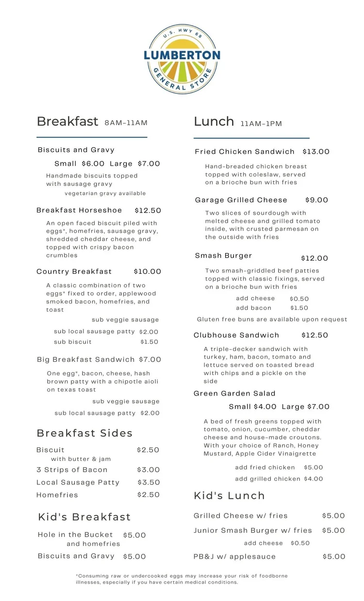 Menu — Lumberton General Store