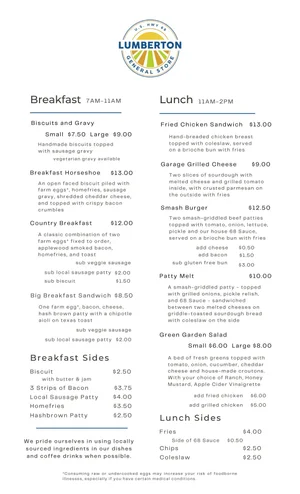 Menu — Lumberton General Store