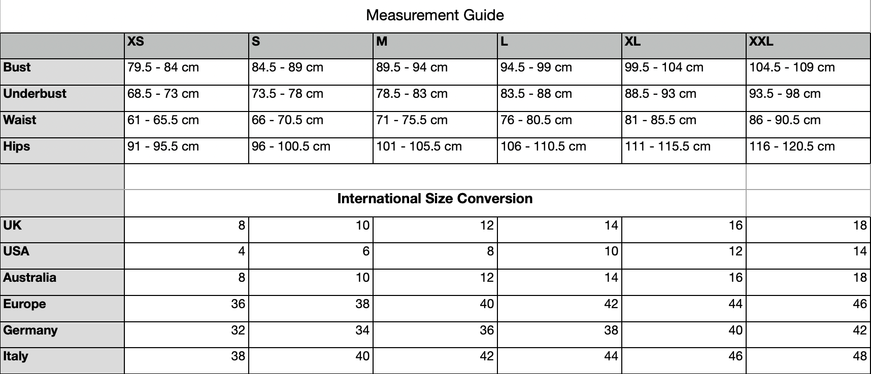 Underbust Measurement Chart