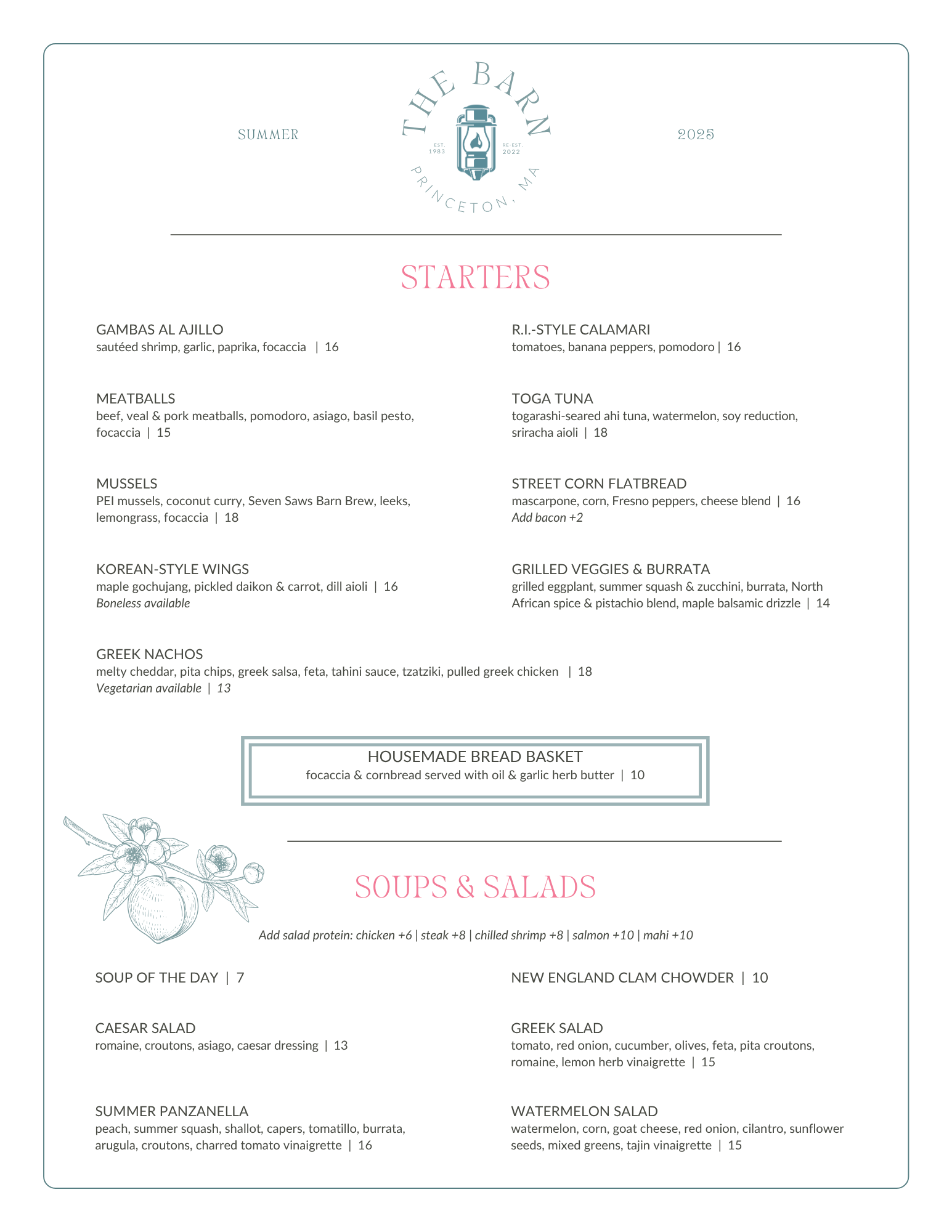 Menu — The Barn Princeton