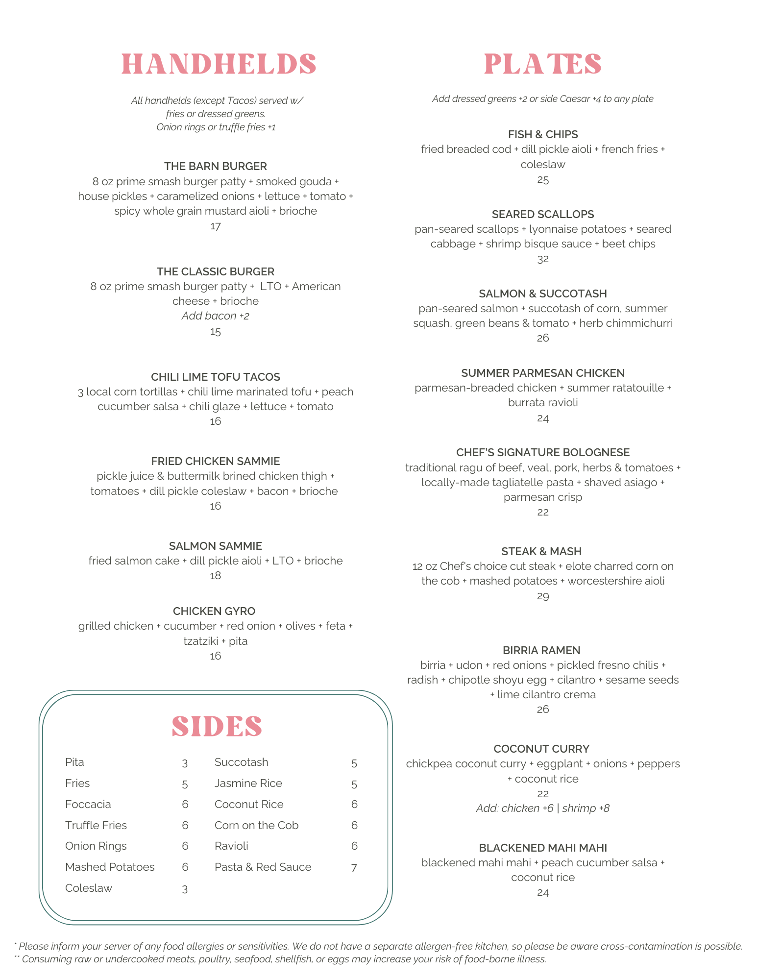 Menu — The Barn Princeton