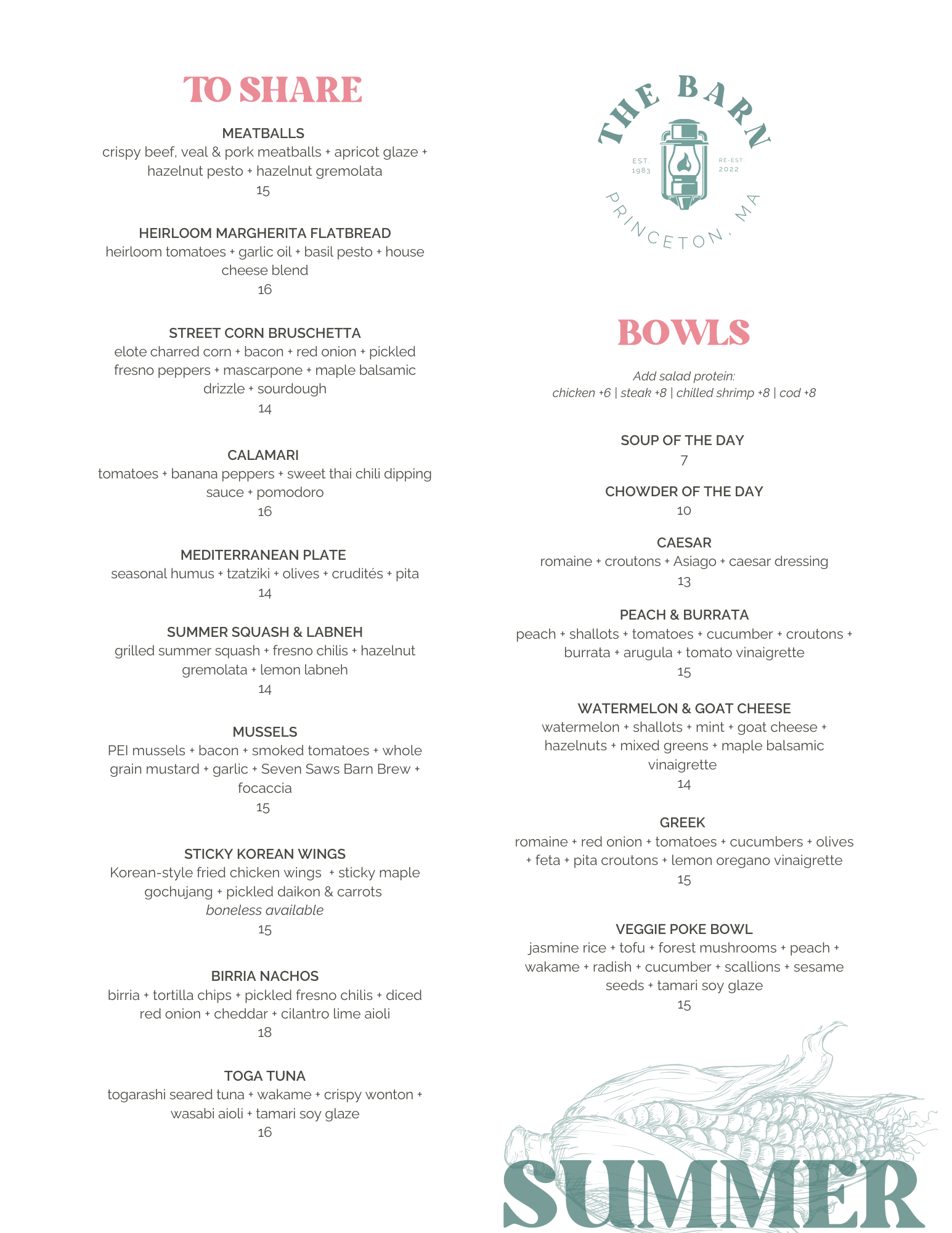 Menu — The Barn Princeton