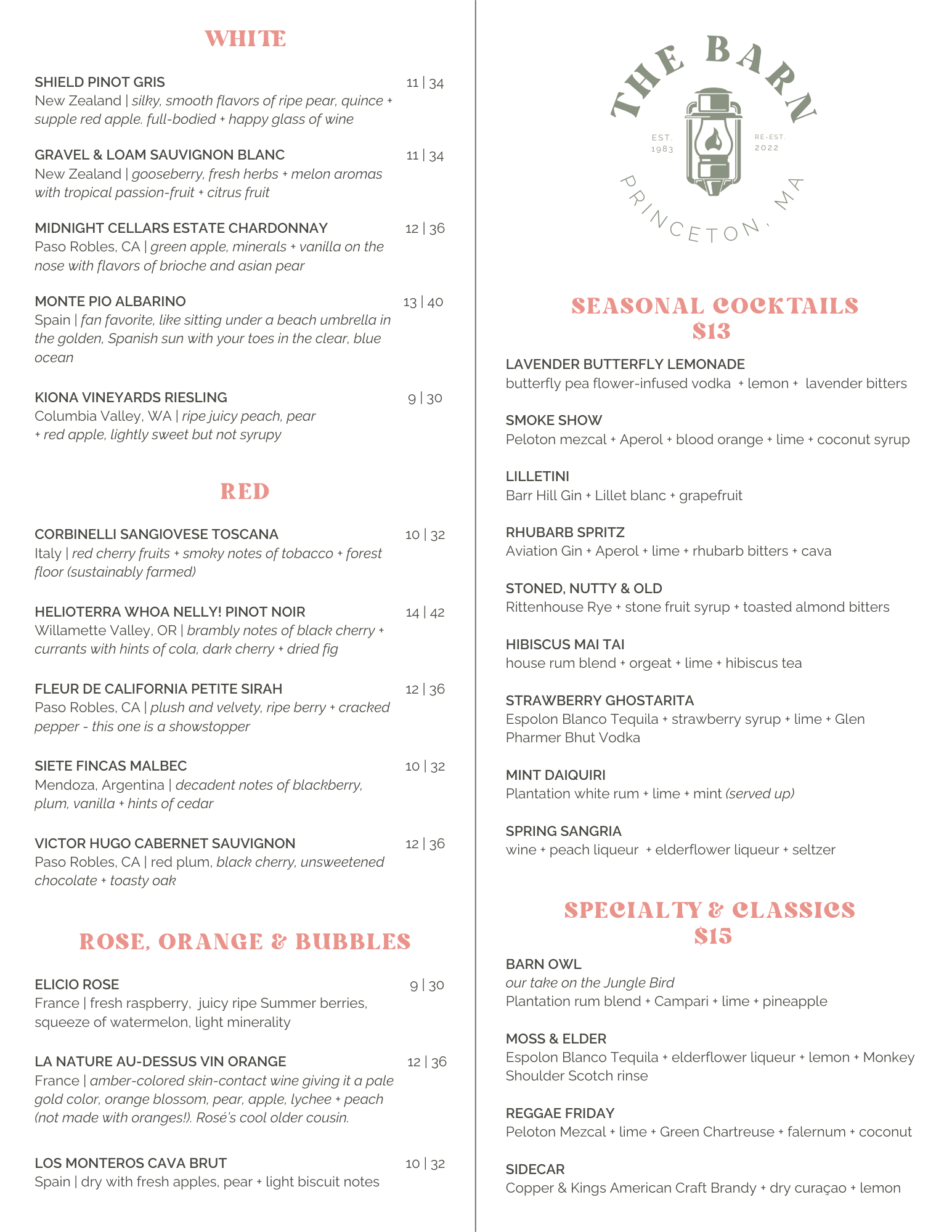Menu — The Barn Princeton
