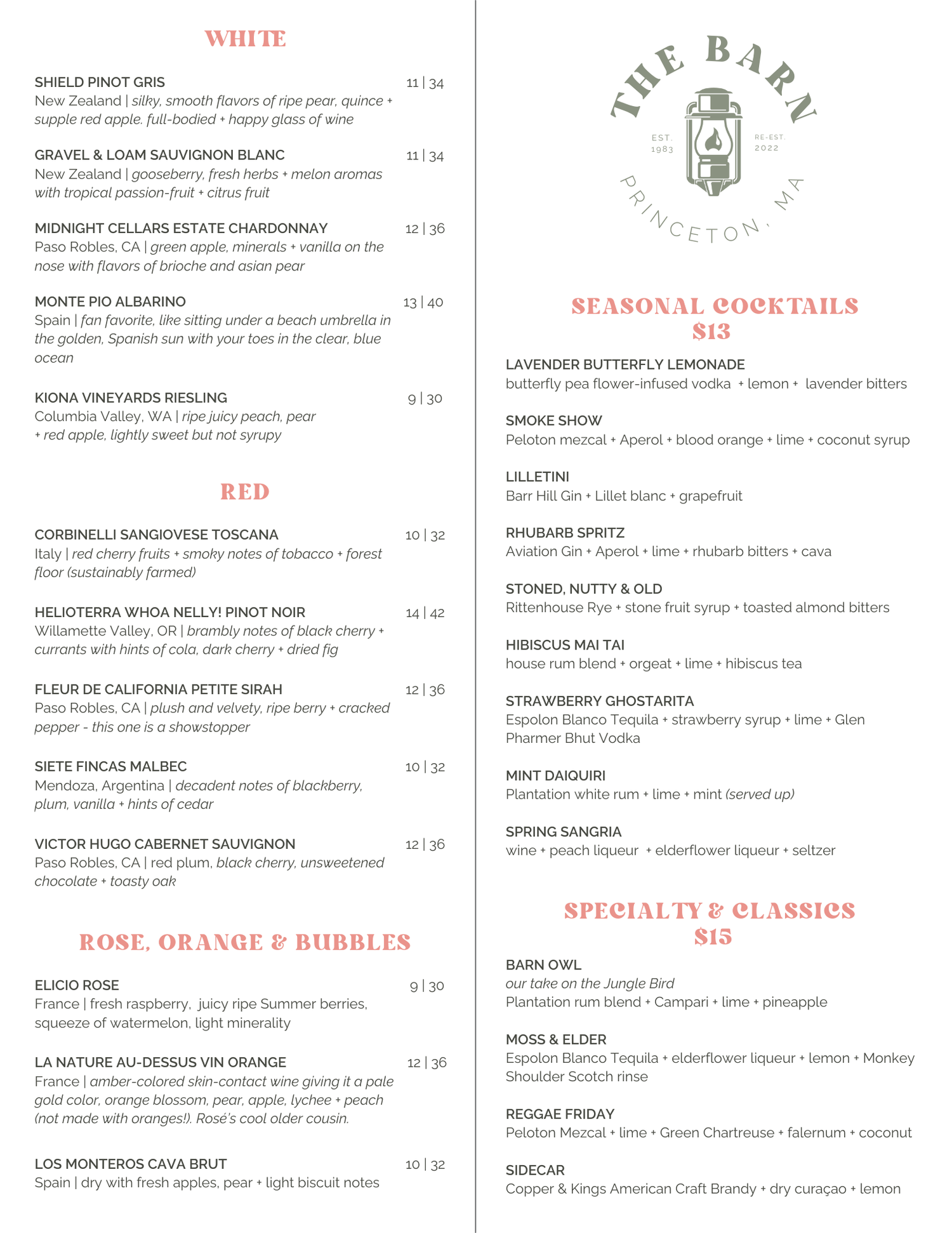 Menu — The Barn Princeton
