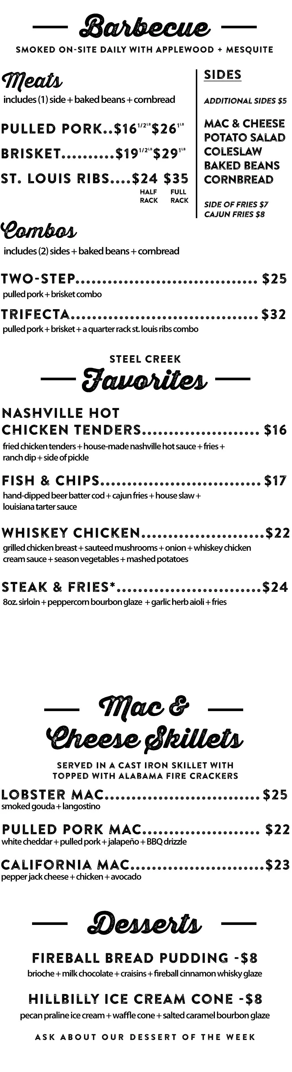 Dinner Menu — Steel Creek | Country Lives Here