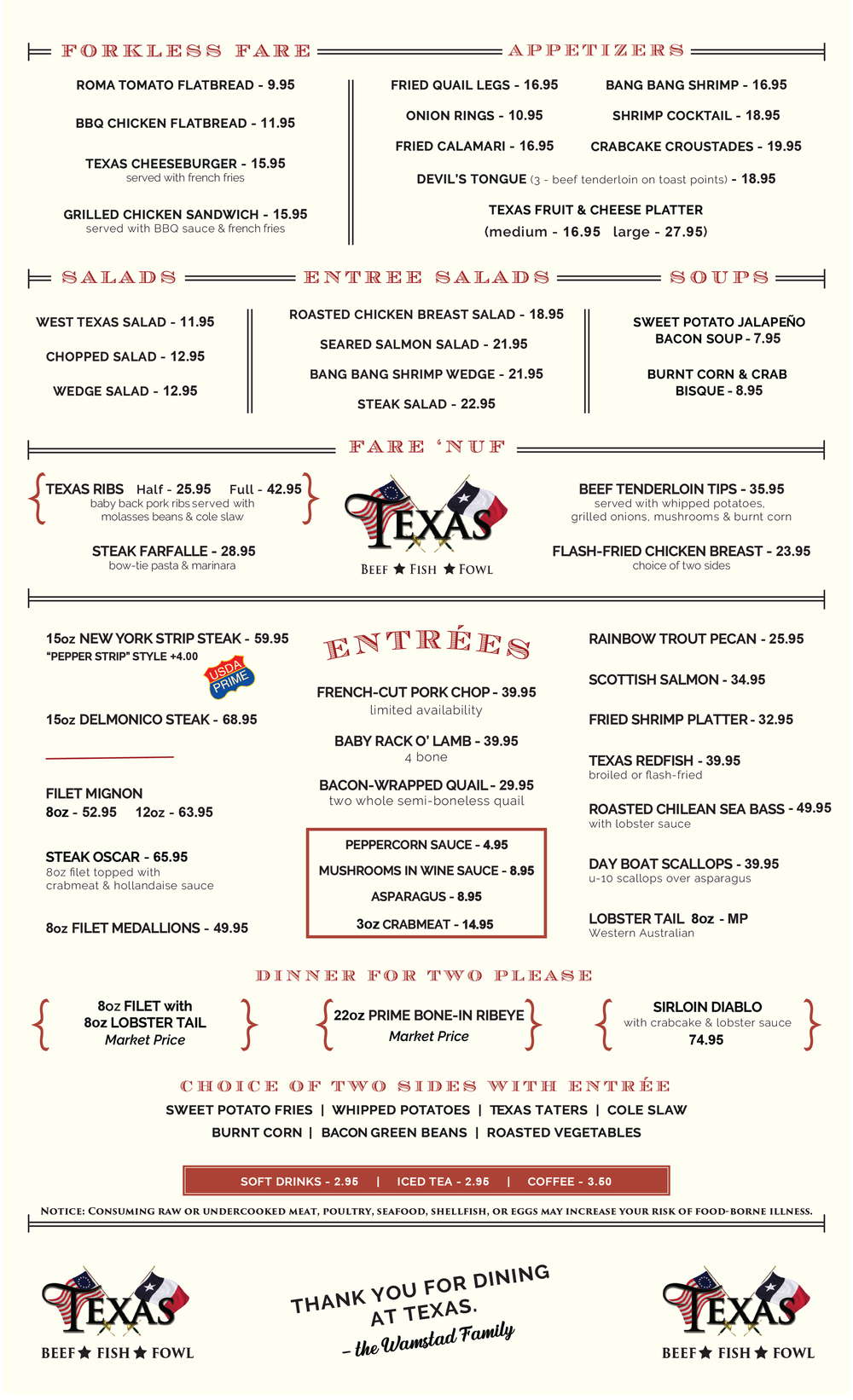 Menu — TEXAS: Beef • Fish • Fowl