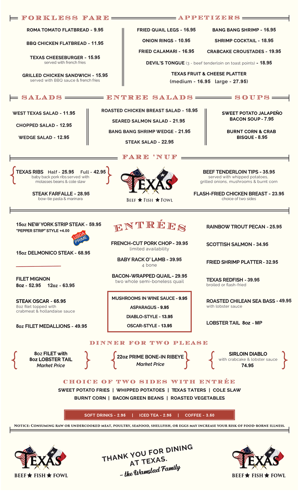 Menu — TEXAS: Beef • Fish • Fowl