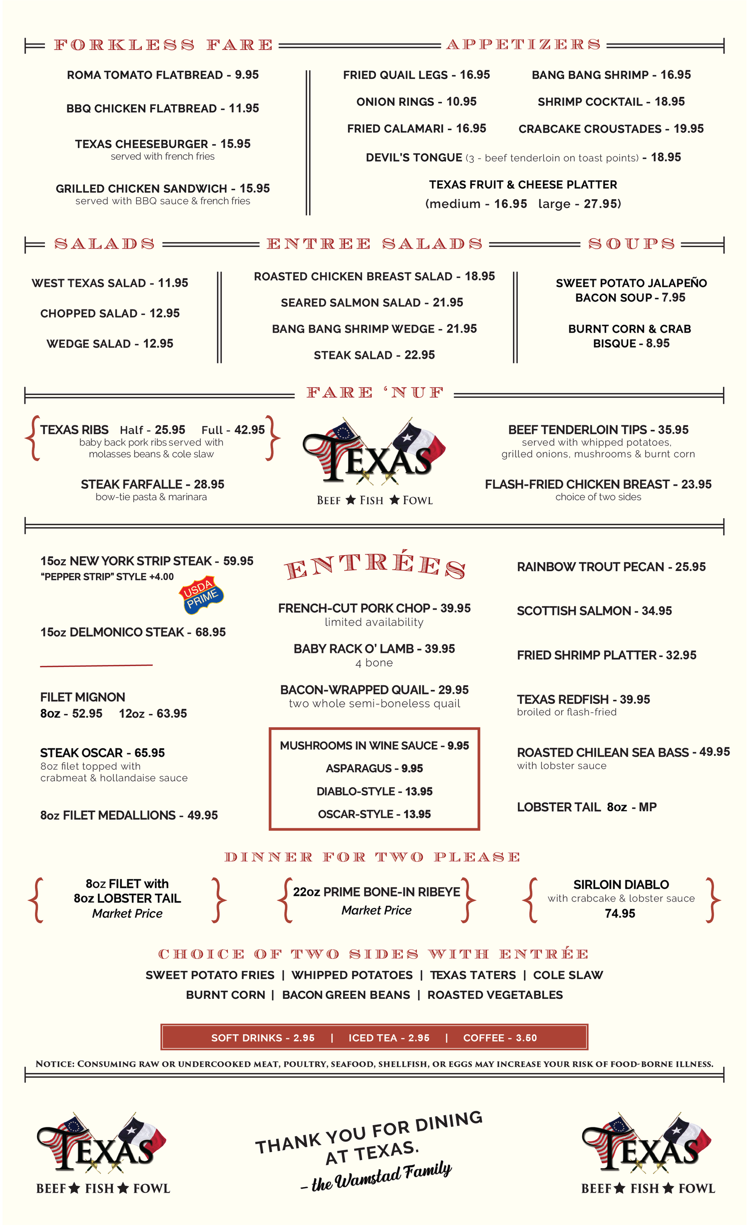 Menu — TEXAS: Beef • Fish • Fowl