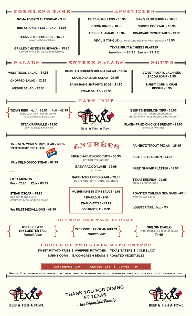 Menu — TEXAS: Beef • Fish • Fowl