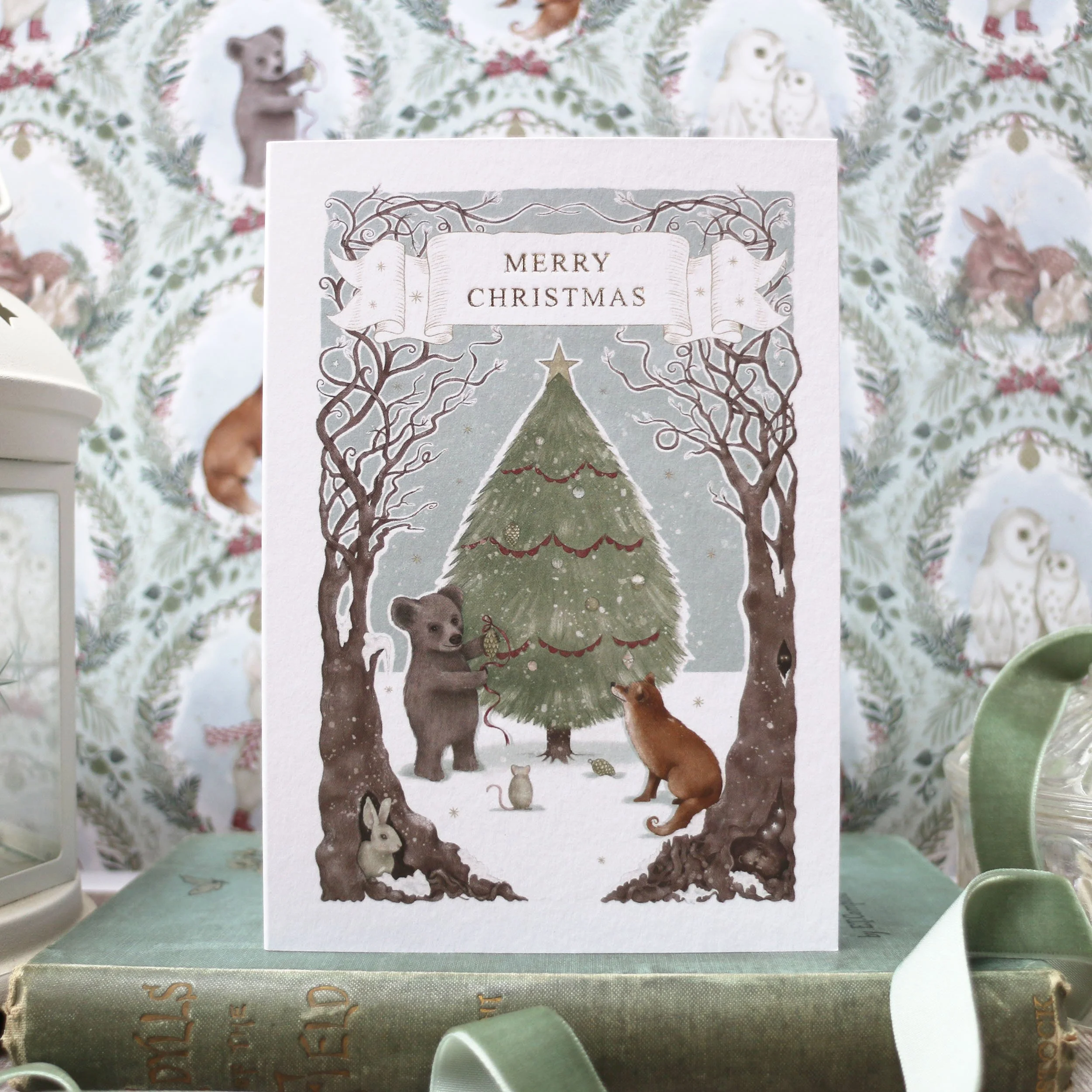 Beautifully illustrated Festive Wreath and mice Christmas/Holiday Card.
