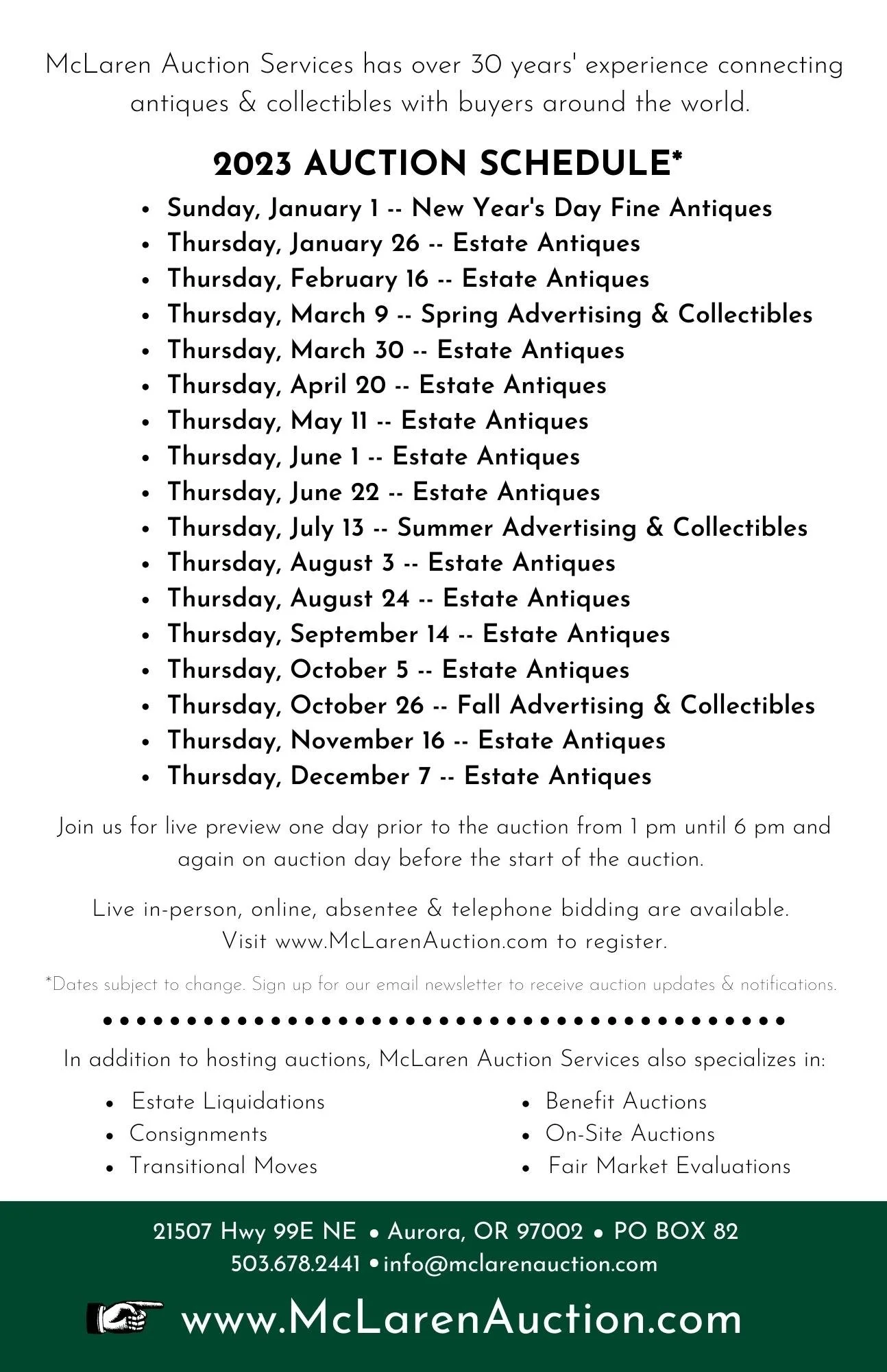 UPCOMING AUCTIONS — McLaren Auction Services