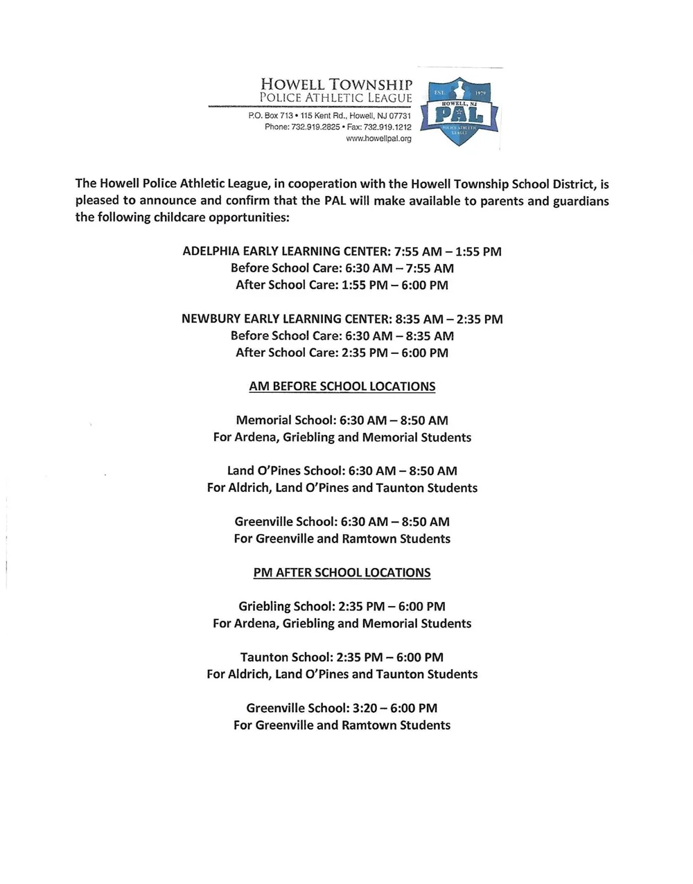 Howell PAL Before/Aftercare — Howell Township Police Athletic League