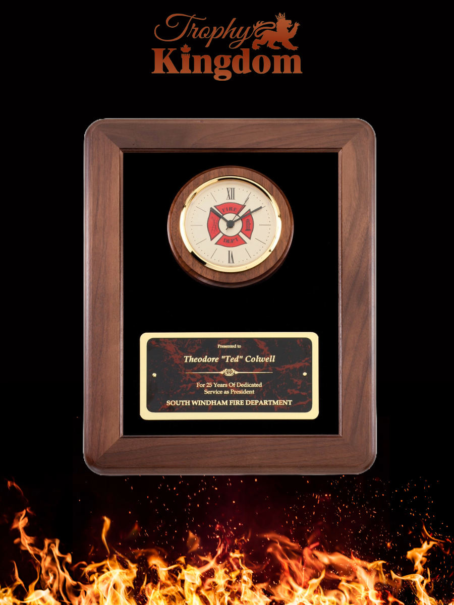 Fireman Walnut Plaque Clock — Trophy Kingdom - Most Trusted Trophy Store In Canada — Trophy ...