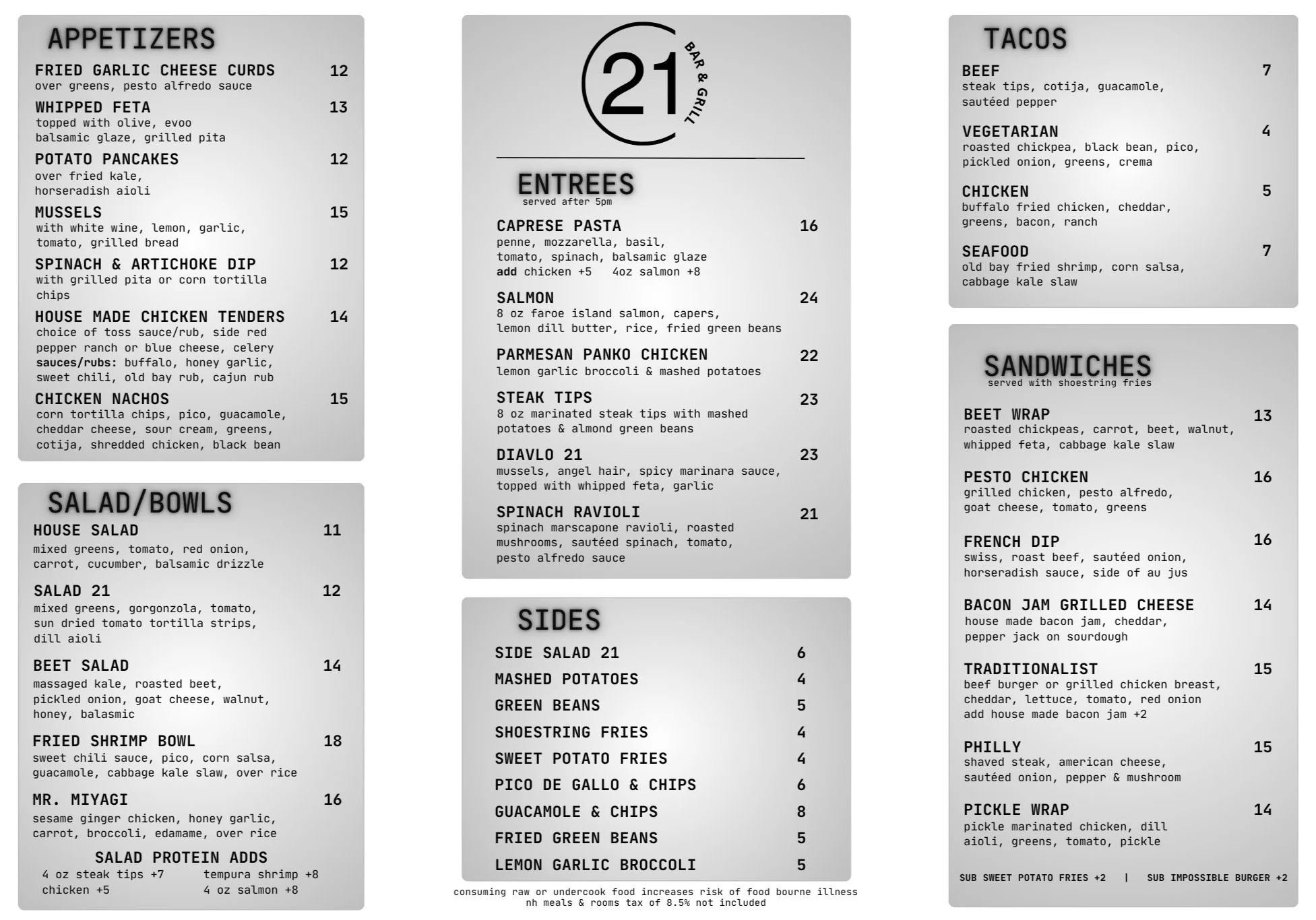 Dinner Menu — 21 Bar & Grill