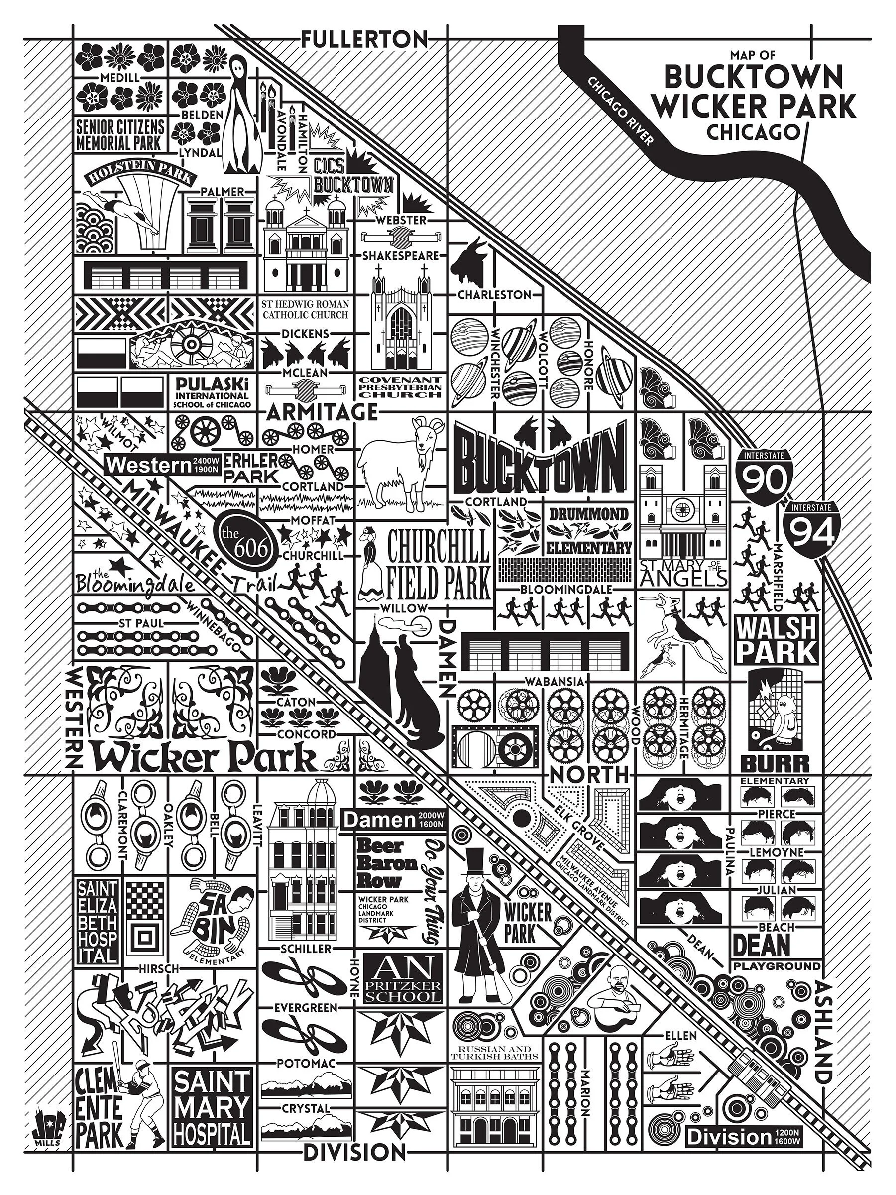 Bucktown and Wicker Park Map: Chicago Art Prints for Sale — Joe Mills ...