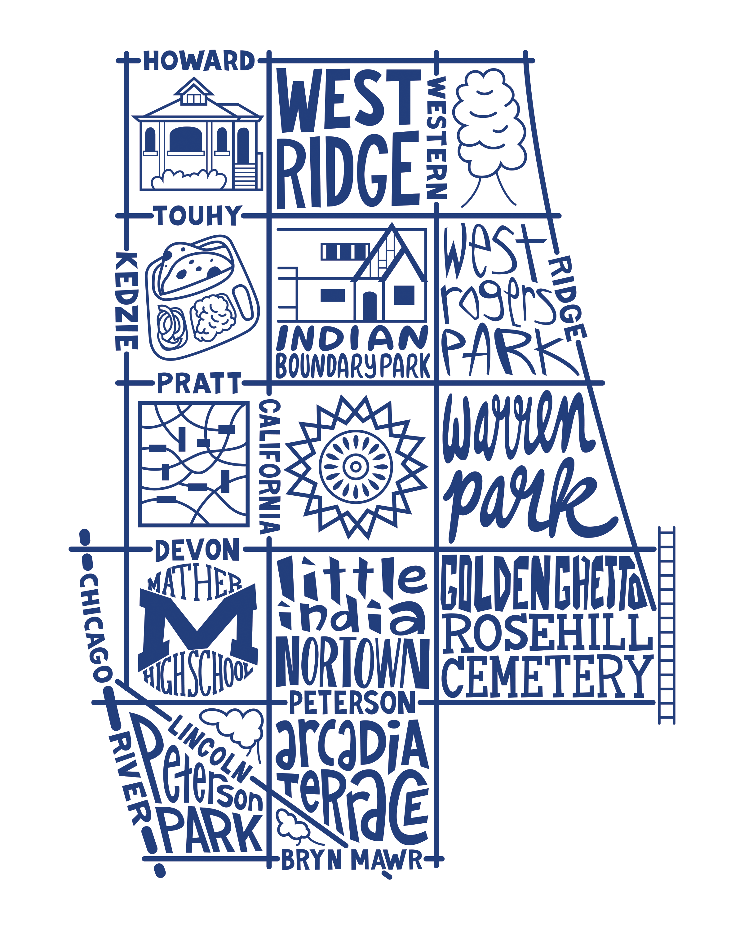 Hand Lettered West Ridge Map: Chicago Art Prints for Sale — Joe Mills ...