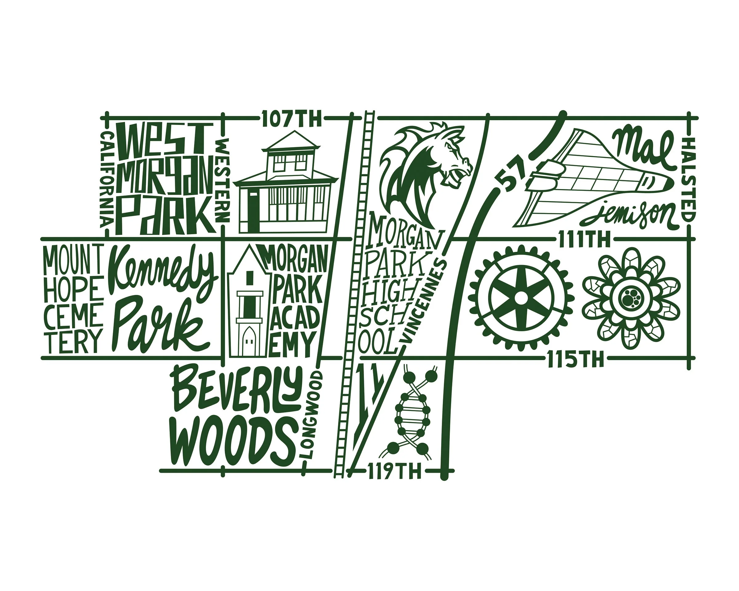 Hand Lettered Morgan Park Map: Chicago Art Prints for Sale — Joe Mills ...
