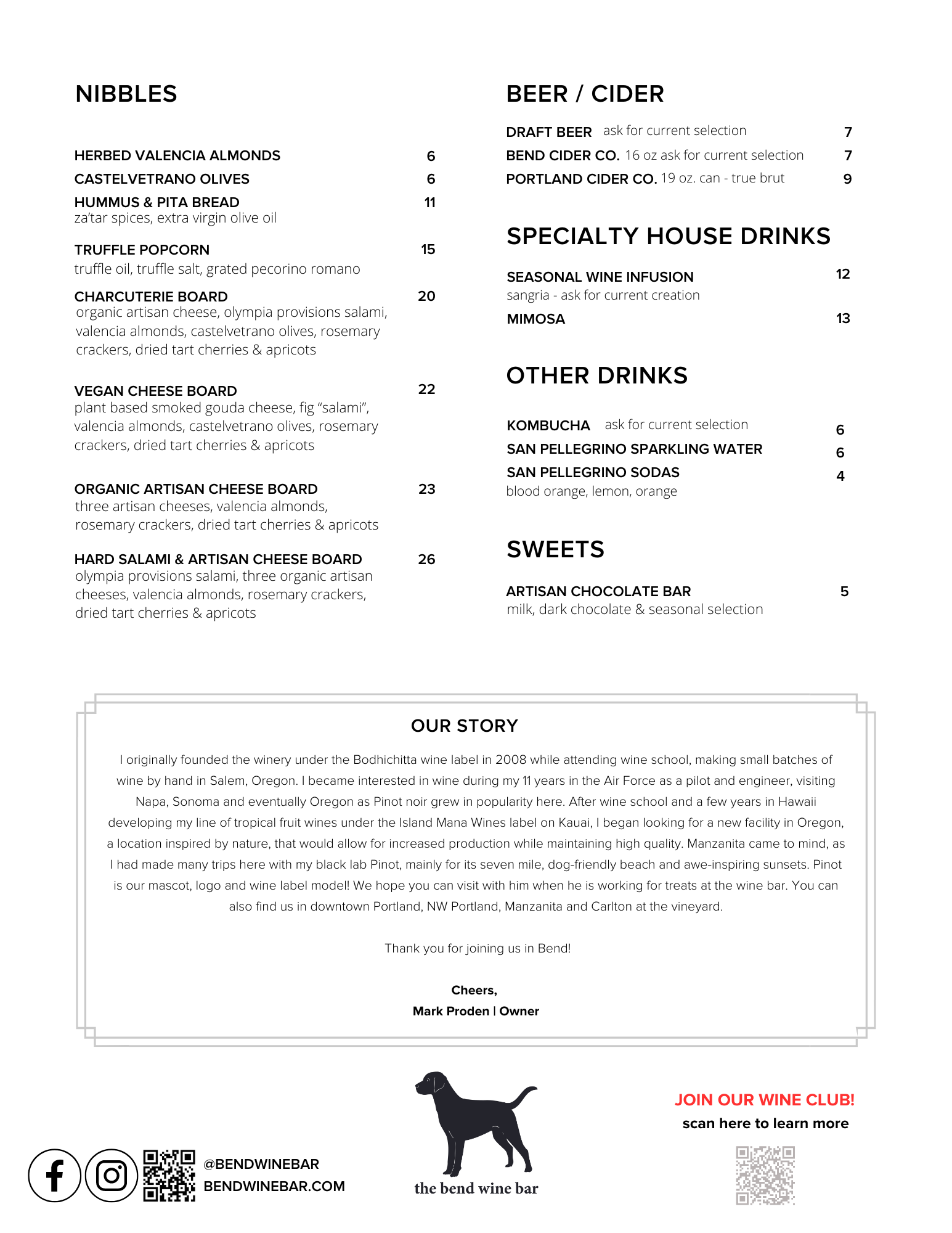 Wine and Food Menu | Bend Wine Bar - Local Oregon & Washington Wines