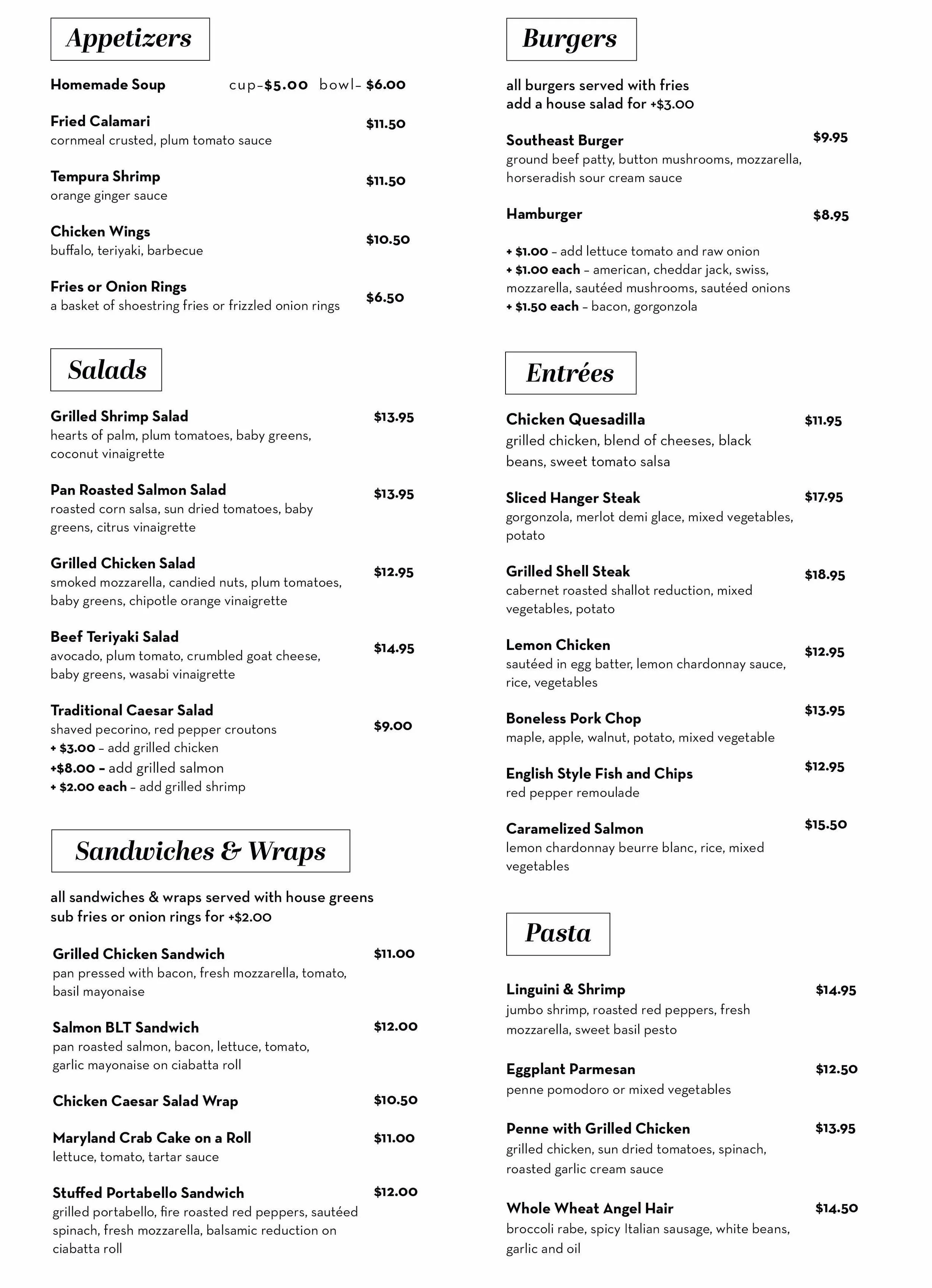 Menu 1 — Southeast Grillehouse