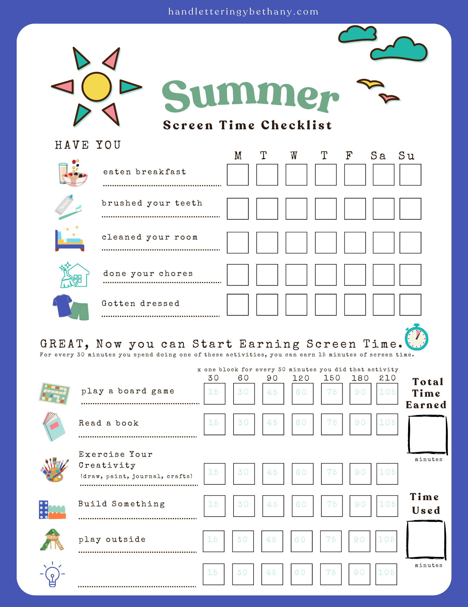 Summer Screen Time Checklist — Hand Lettering by Bethany