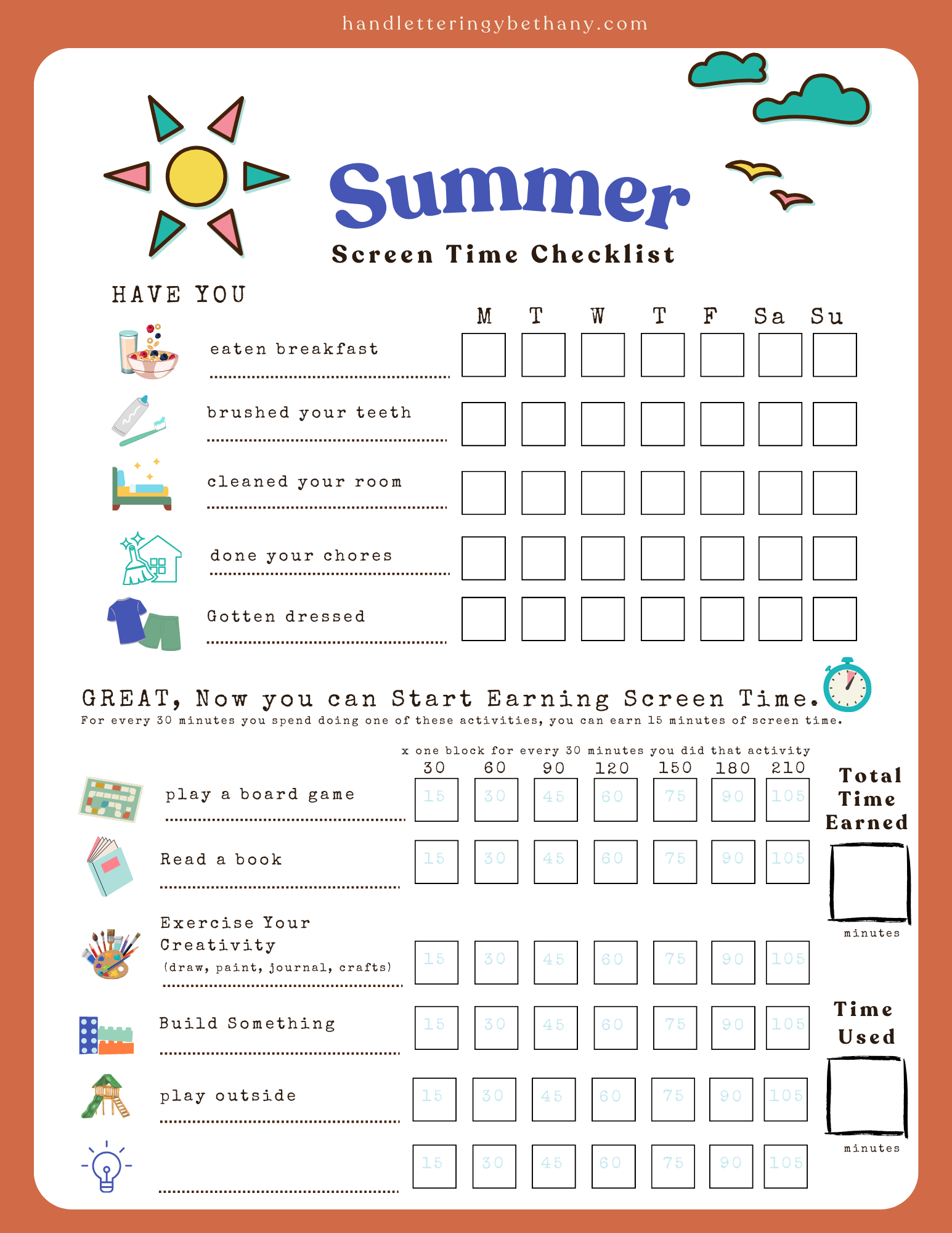 Summer Screen Time Checklist — Hand Lettering by Bethany