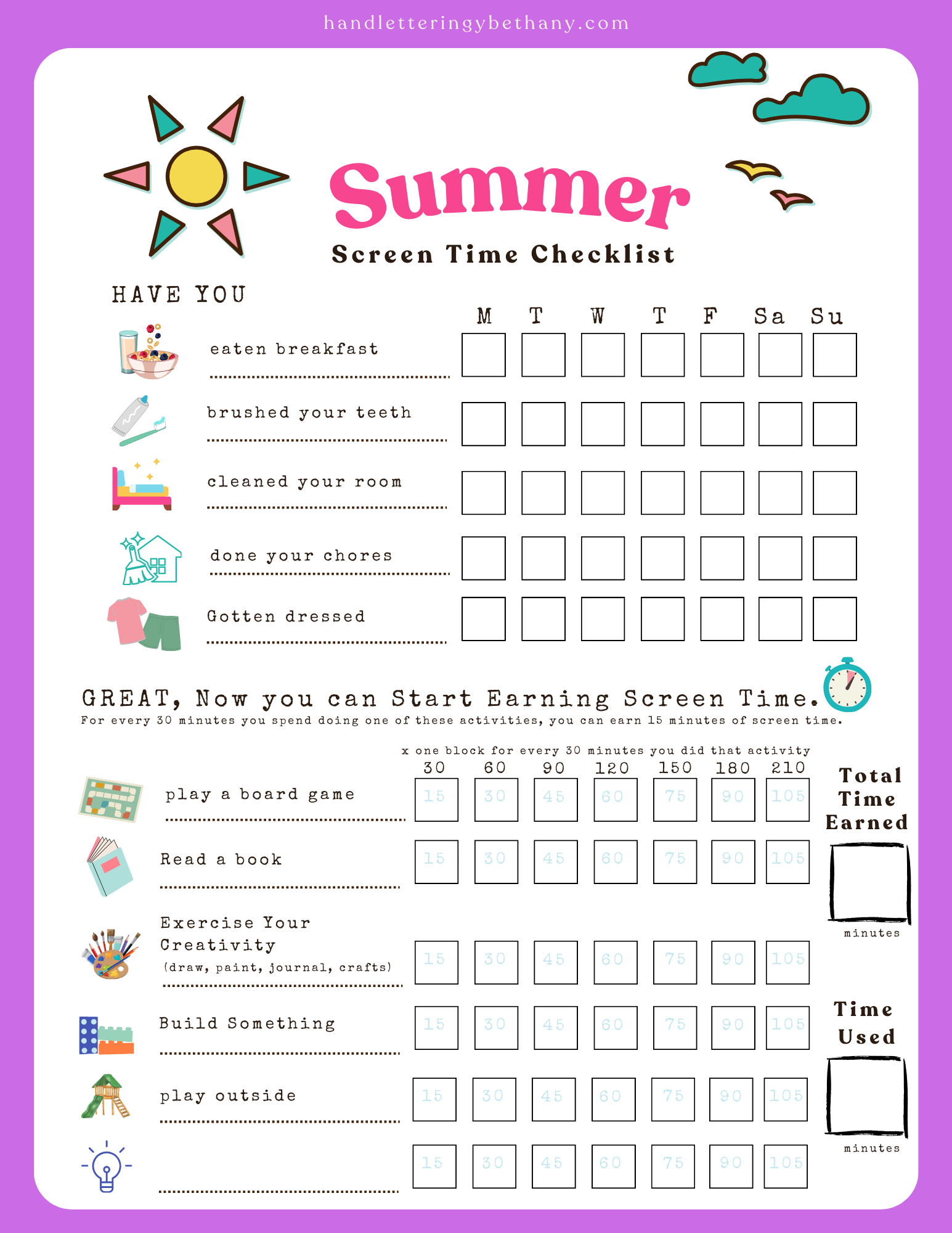 Summer Screen Time Checklist — Hand Lettering by Bethany