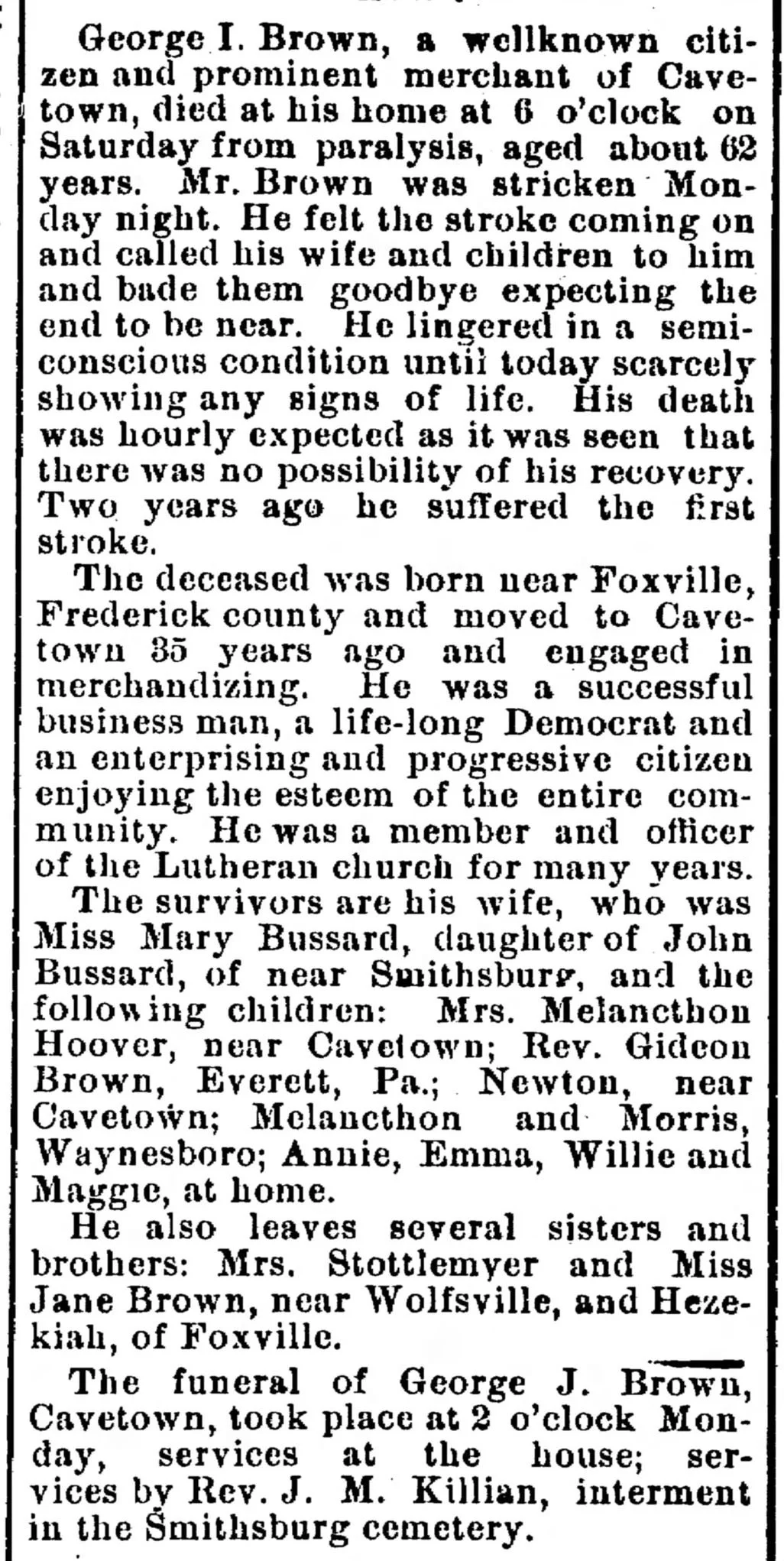 Obituaries and Land Sales — The Thomas and Hannah (Pittinger) Brown ...