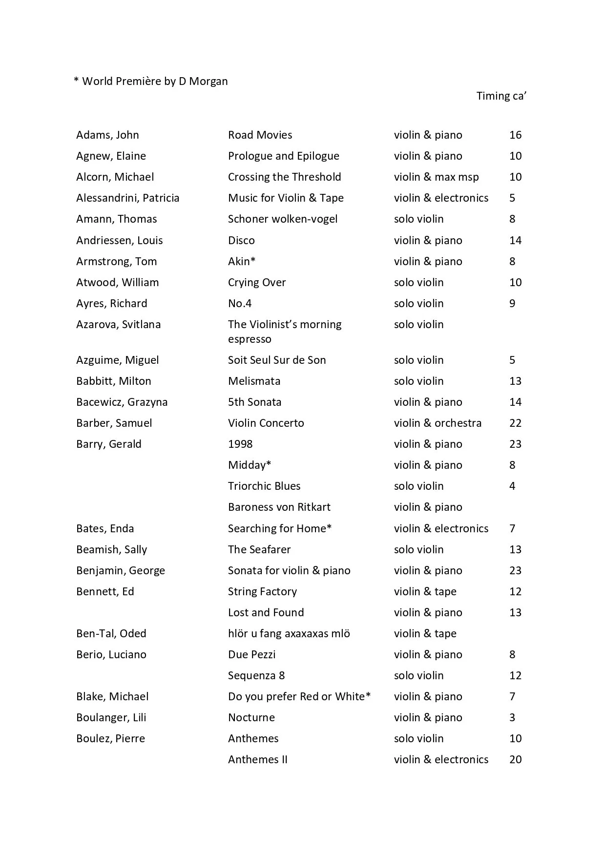 Repertoire List — Darragh Morgan | Violin