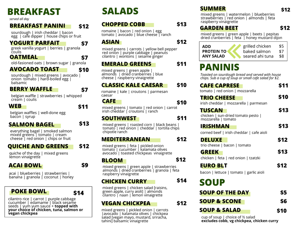 Cafe Menu — EMERALD GREENS