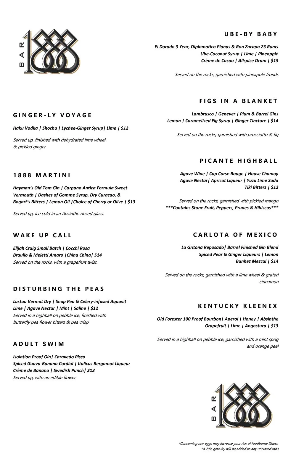 Bar 1888 Menu — Southern Market - Lancaster City
