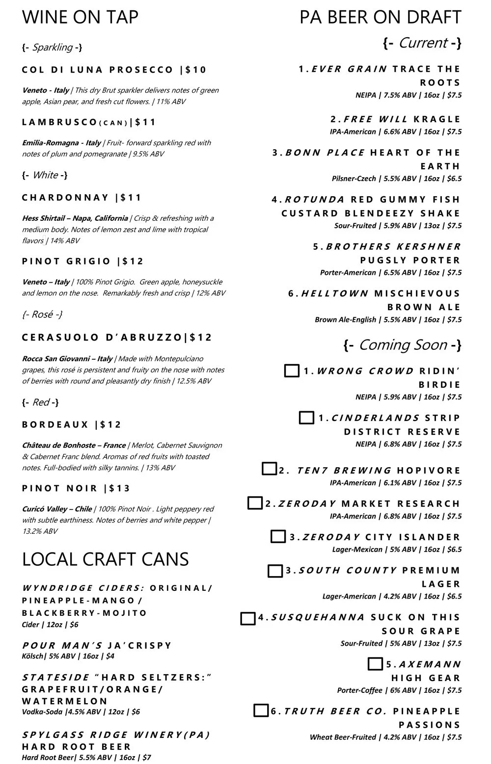 Bar 1888 Menu — Southern Market - Lancaster City