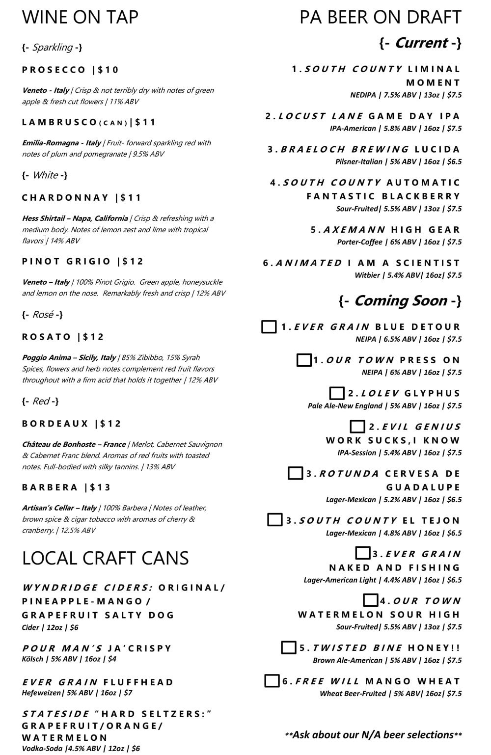 Bar 1888 Menu — Southern Market - Lancaster City