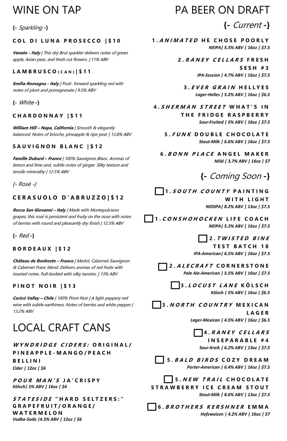 Bar 1888 Menu — Southern Market - Lancaster City