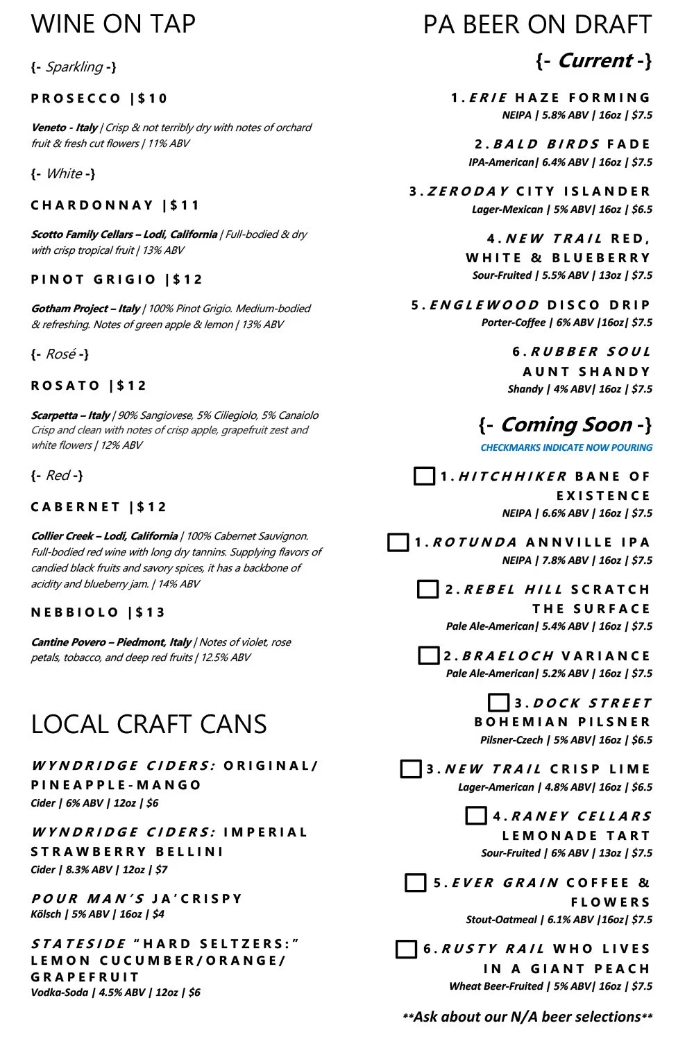 Bar 1888 Menu — Southern Market - Lancaster City