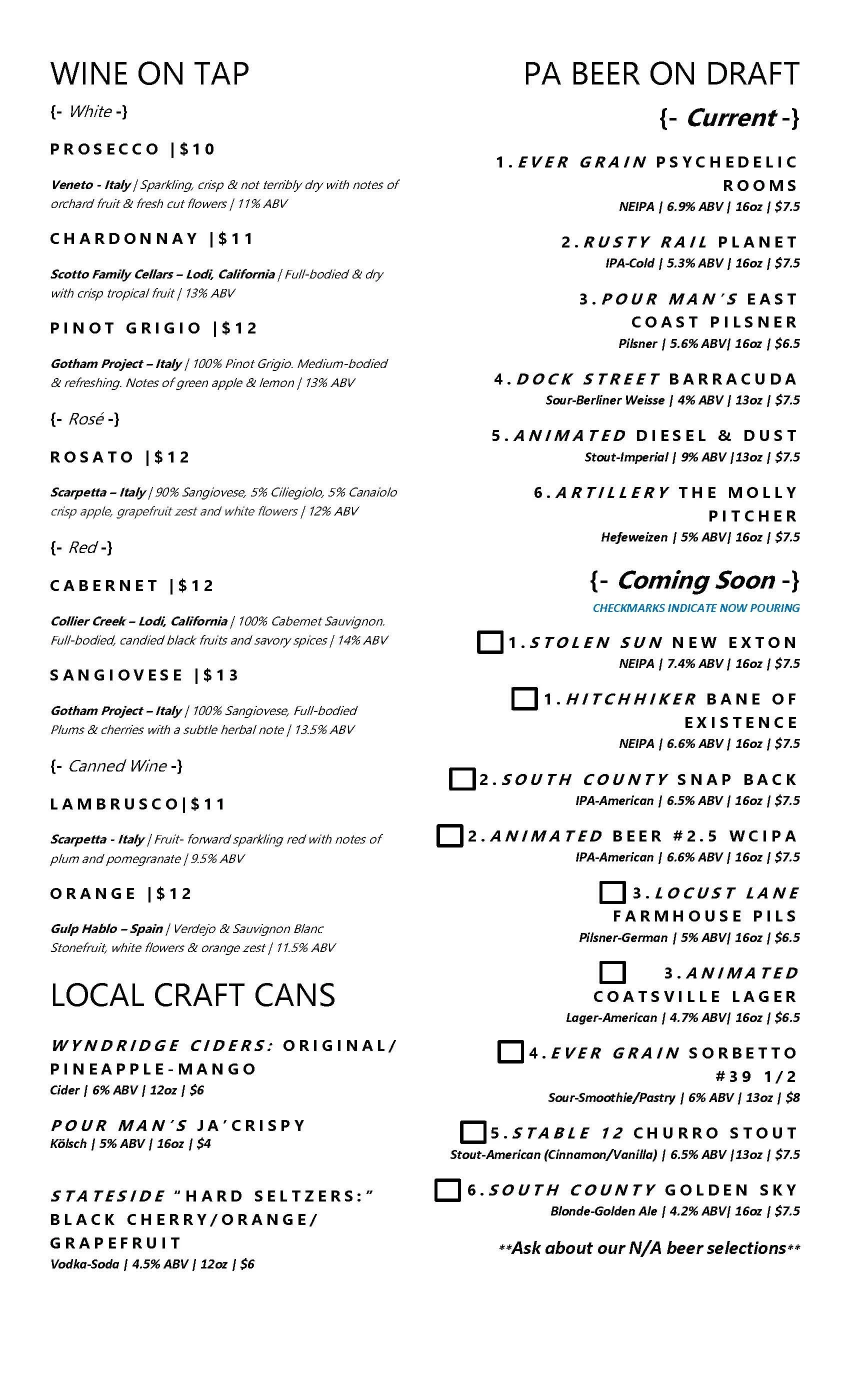 Bar 1888 Menu — Southern Market - Lancaster City
