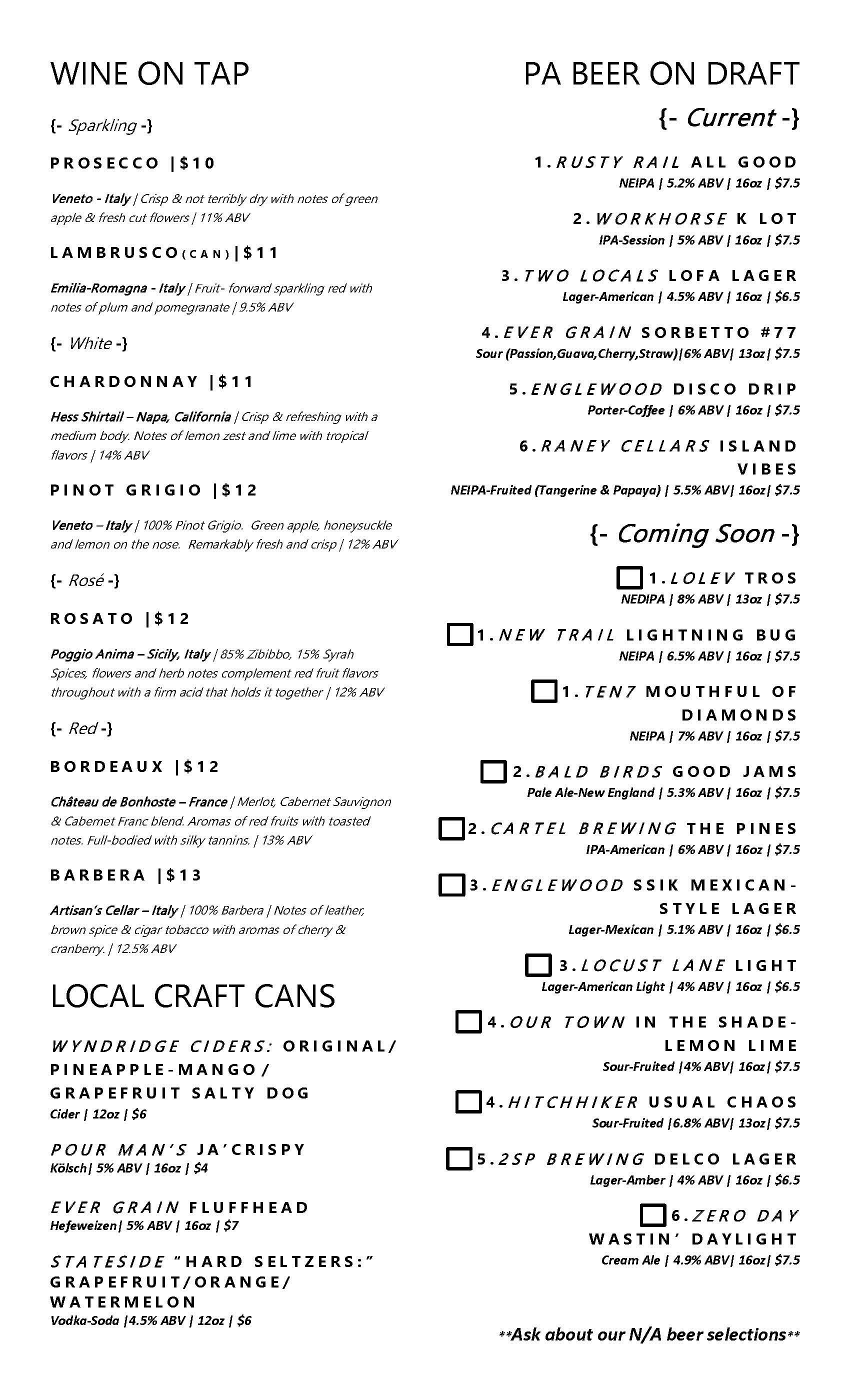 Bar 1888 Menu — Southern Market - Lancaster City