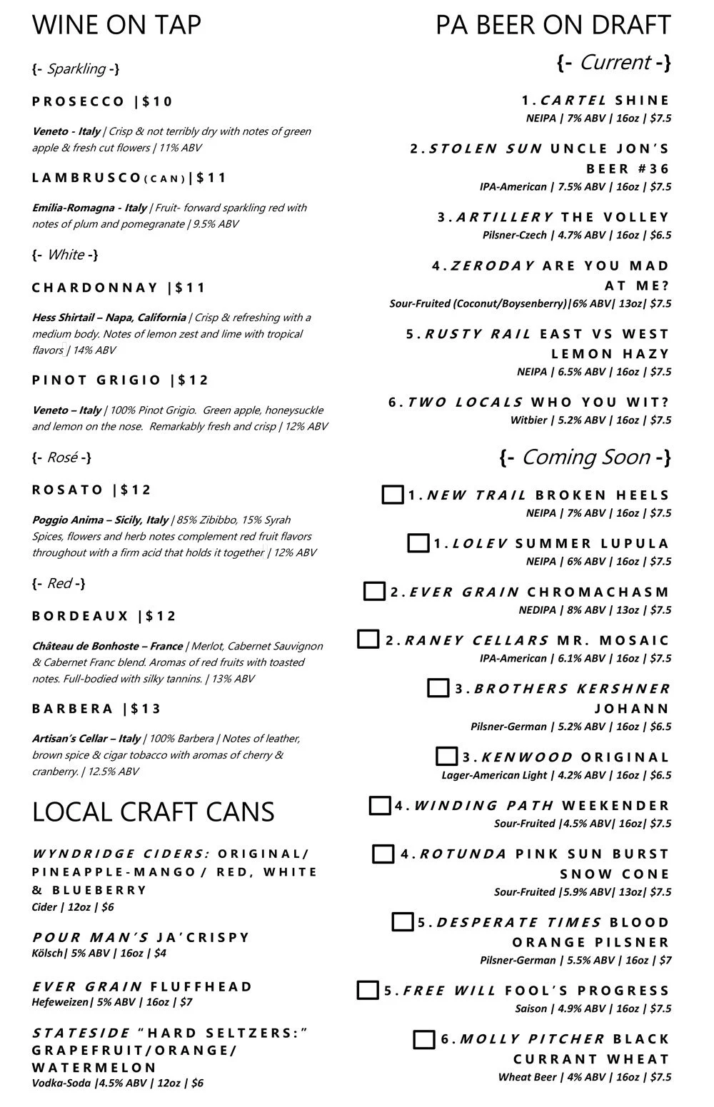 Bar 1888 Menu — Southern Market - Lancaster City