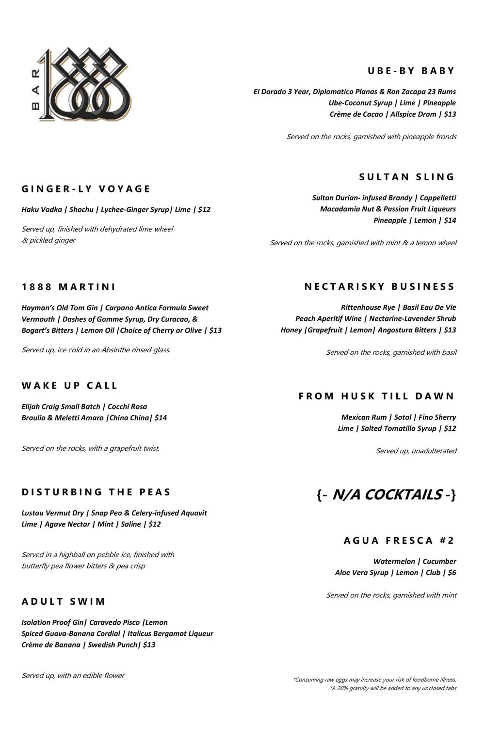 Bar 1888 Menu — Southern Market - Lancaster City