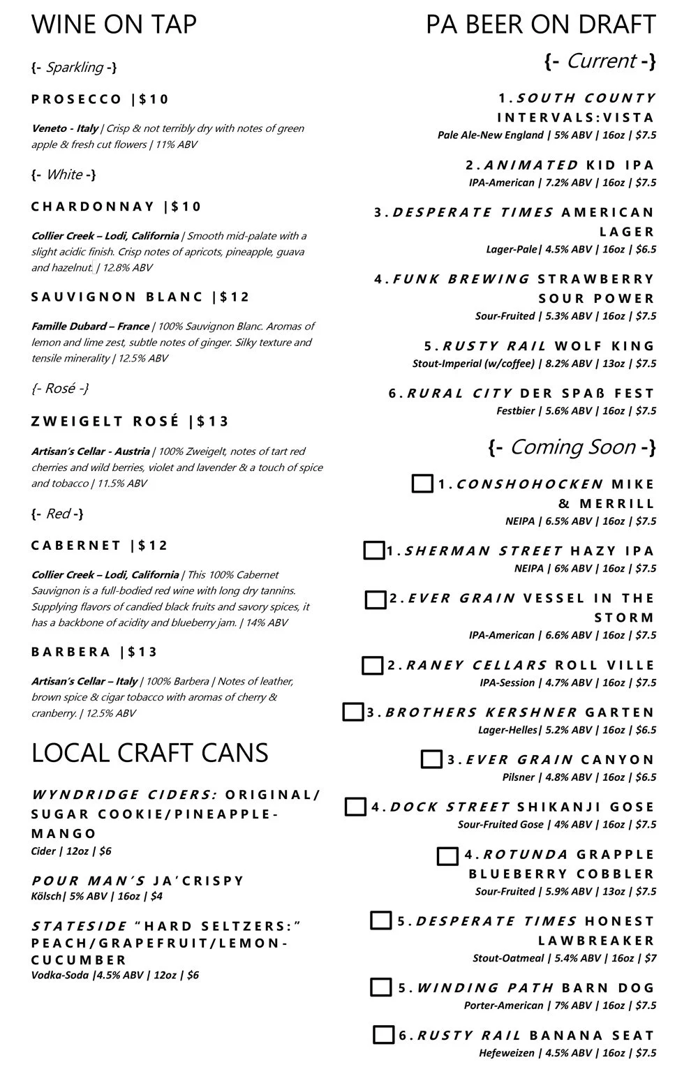 Bar 1888 Menu — Southern Market - Lancaster City