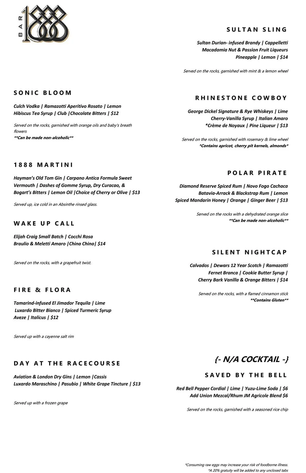 Bar 1888 Menu — Southern Market - Lancaster City